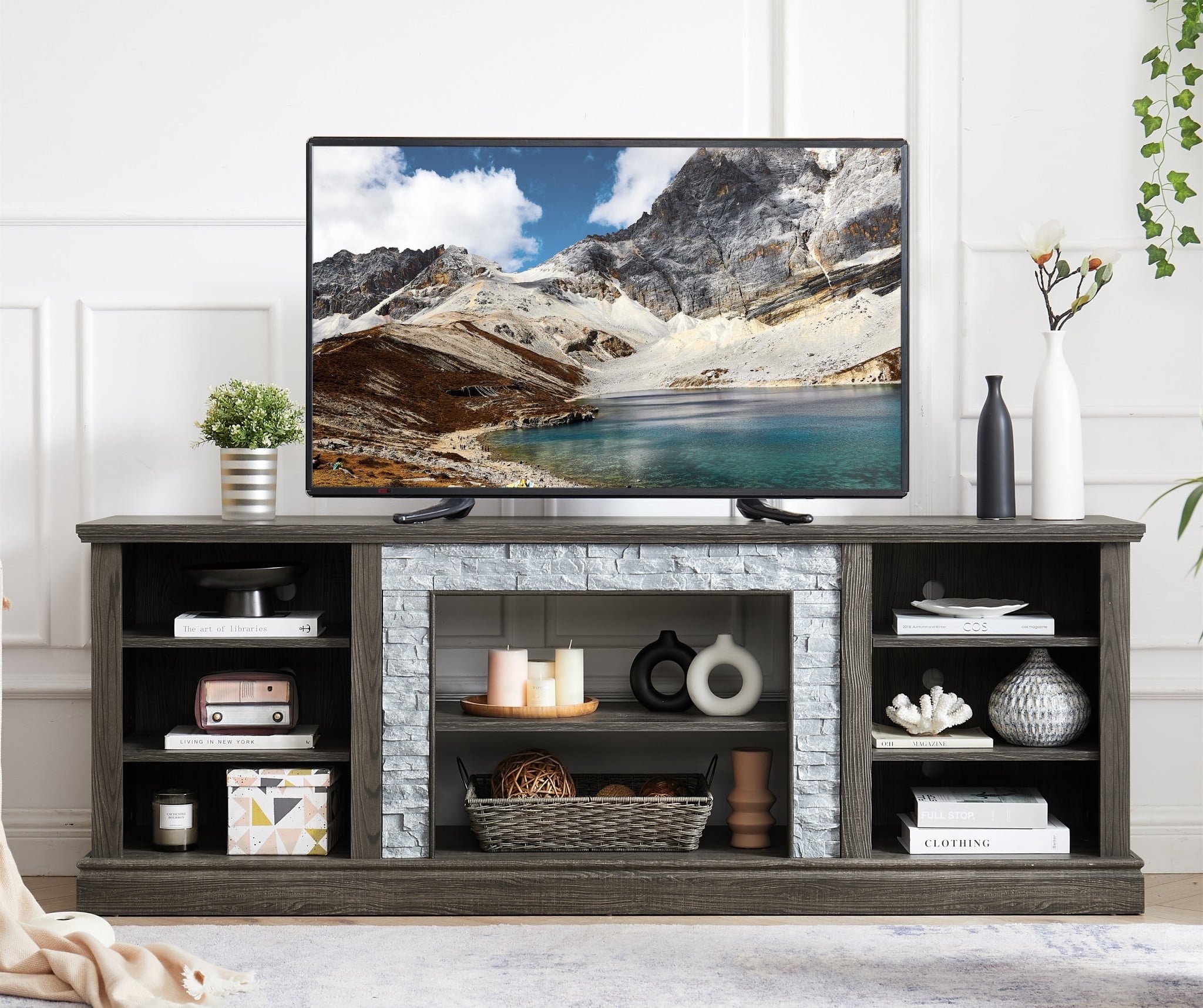 CKEASEAN Farmhouse TV Stand, 70"W TV Media Stand with Faux Stacked ...