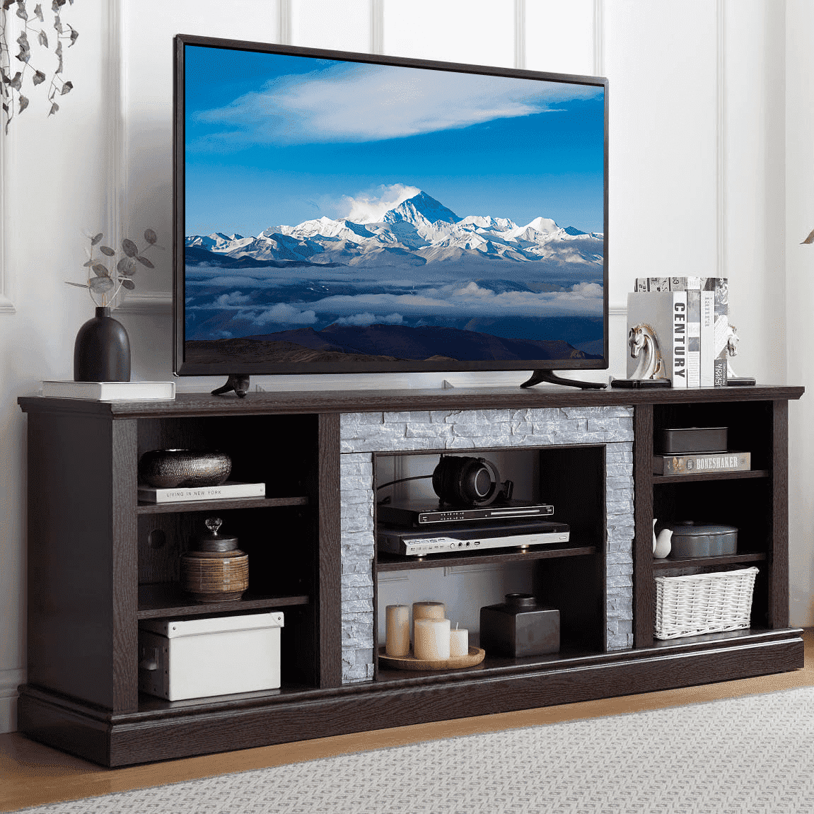 CKEASEAN 70" Modern TV Stand with Realistic Stacked Stone Surround ...