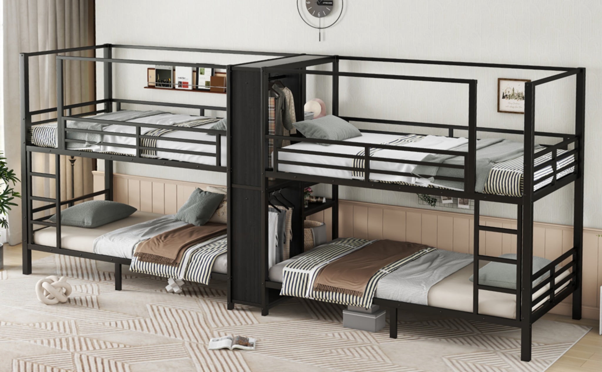 CKEASEAN Twin size Quadruple Metal Bunk Bed, Wardrobe & Storage Shelves ...