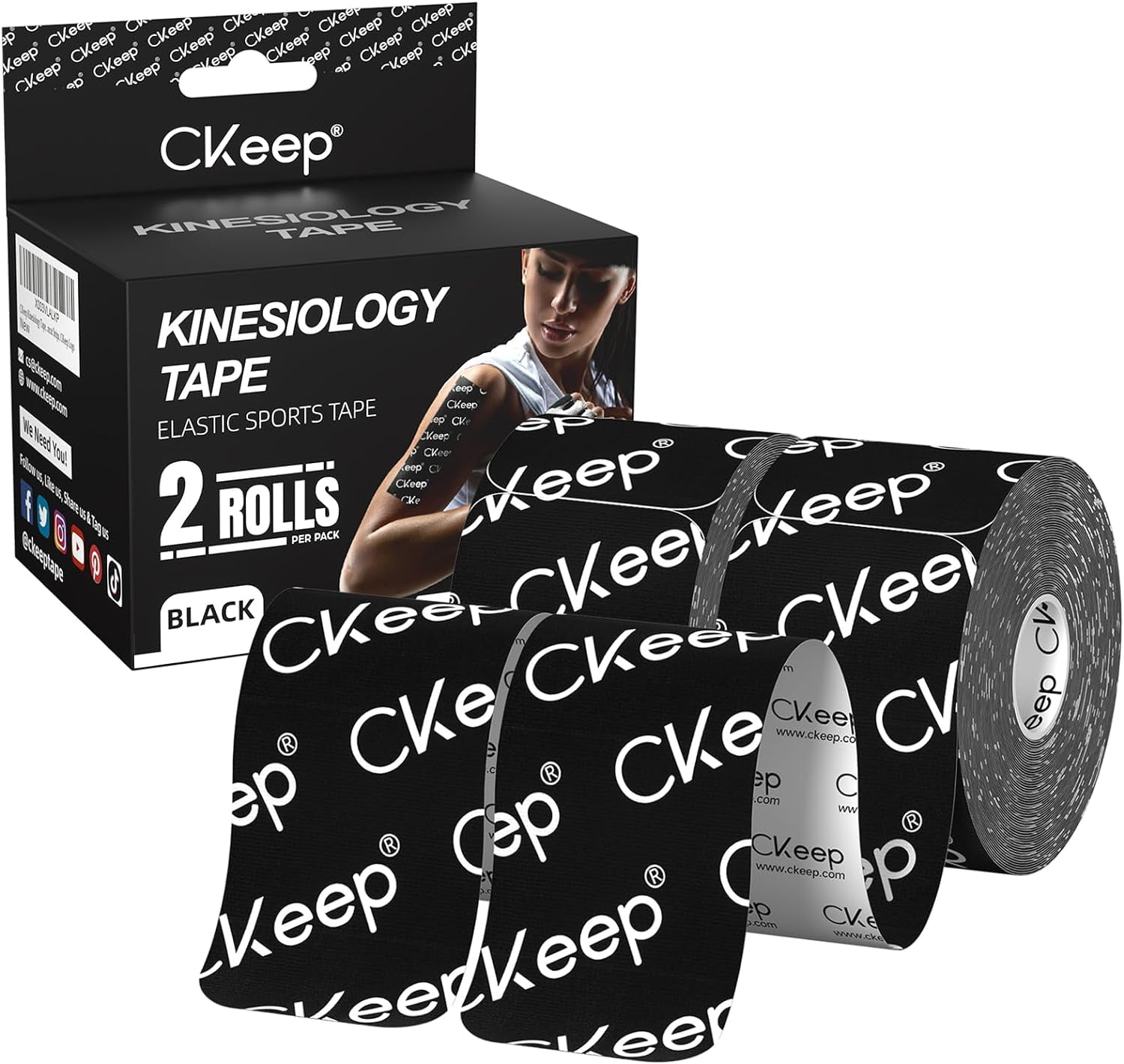 CKeep Kinesiology Tape Black 2 Rolls Cotton Elastic Athletic Tape for ...