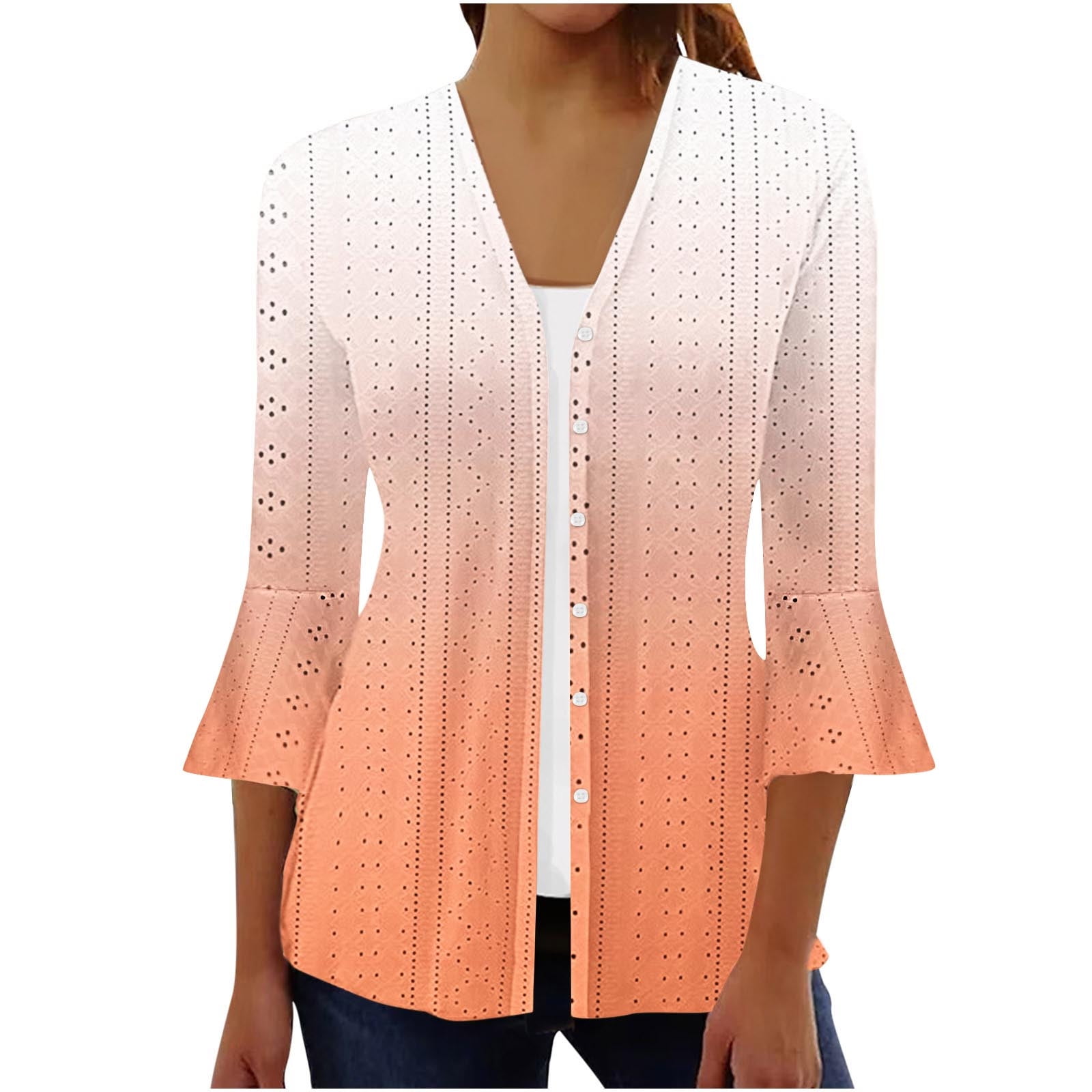 CKpwisy Eyelet 3/4 Sleeve Cardigan Lightweight Open Front Button Down ...