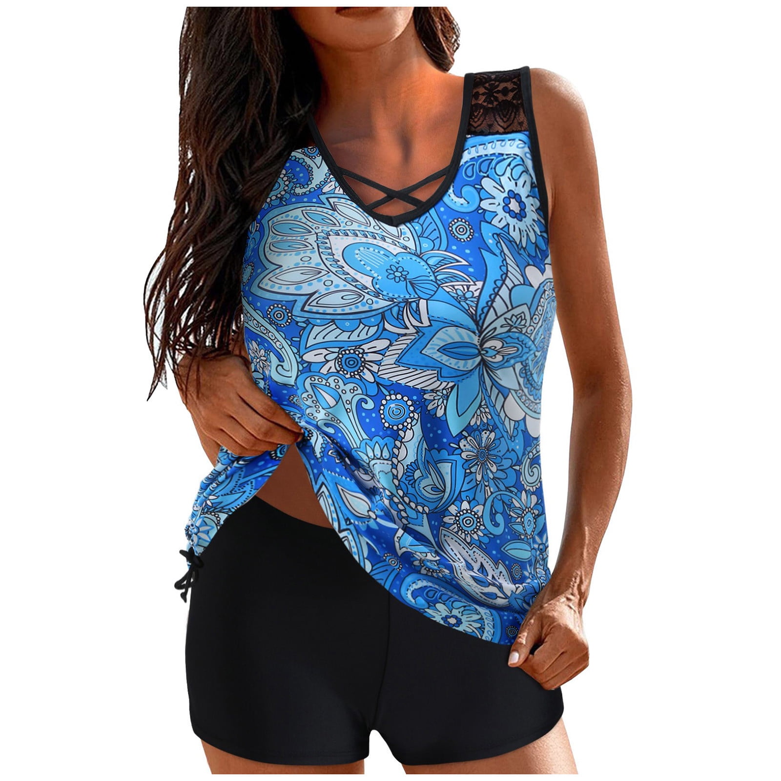 CKpwisy Floral Print Swimsuits for Women Modest Swimsuit Criss Cross ...