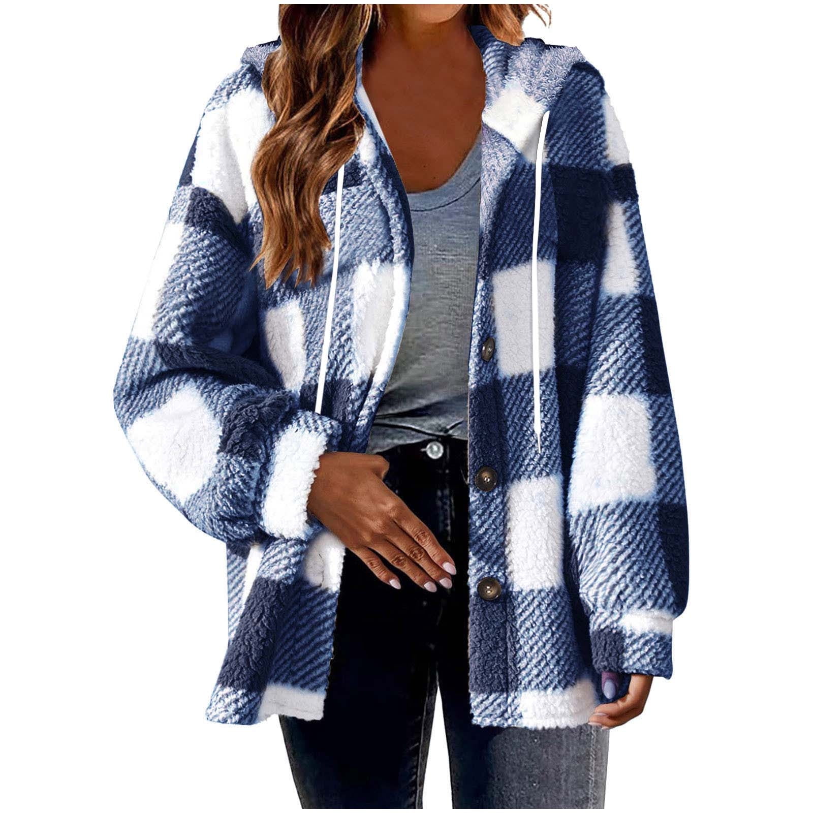 CKpwisy Plaid Shacket Jacket for Women Winter Warm Button Down Hooded ...