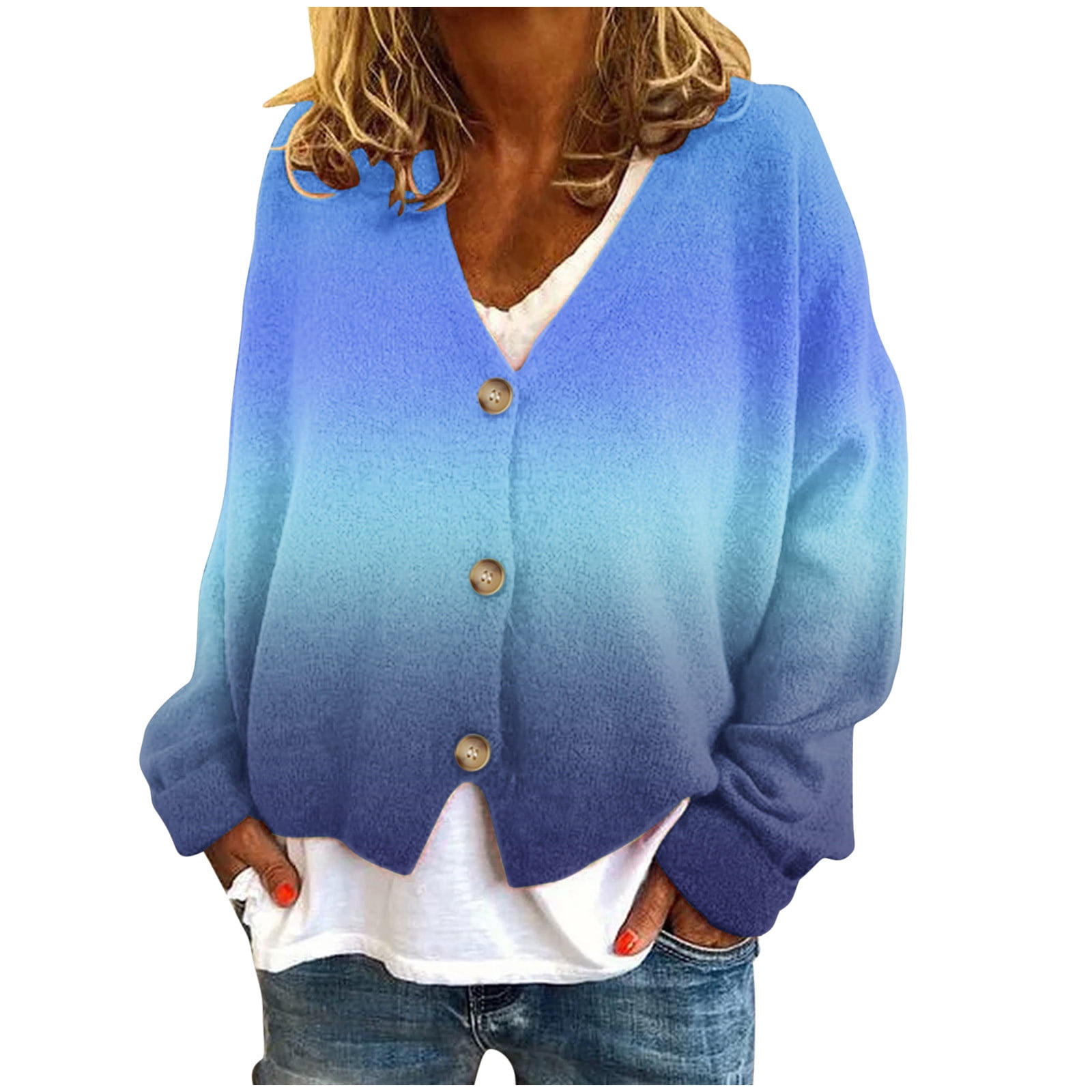 CKpwisy Tie Dye Cardigans for Women Trendy Gradient Color V Neck Button ...