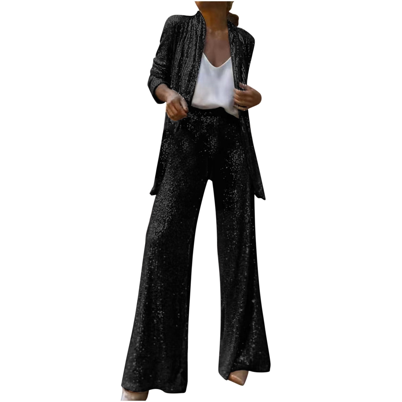 CKpwisy Women 2 Piece Glitter Sequin Outfits Trendy Long Sleeve ...