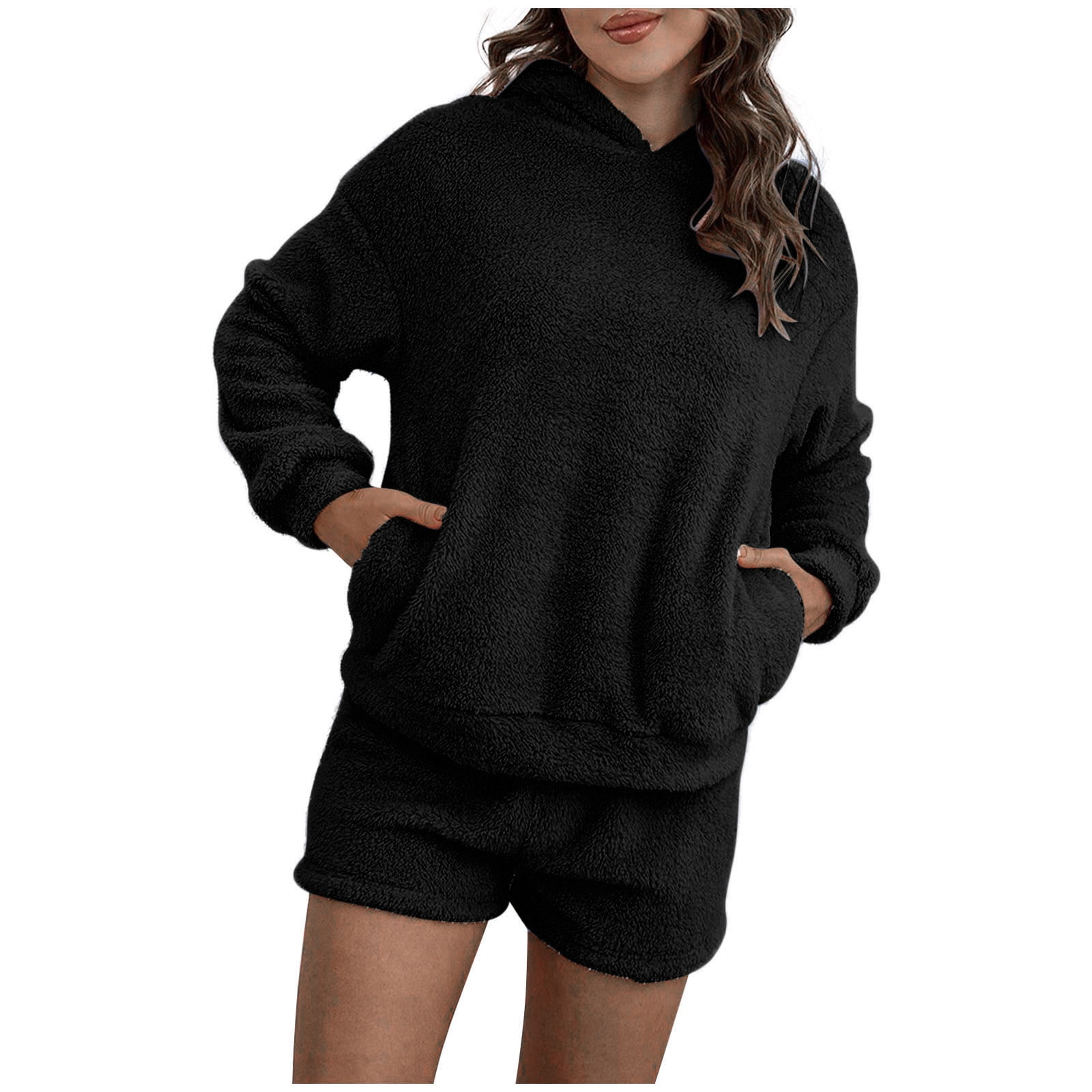 CKpwisy Women 2 Piece Outfits Lounge Sets for Shorts Long Sleeve Fleece ...
