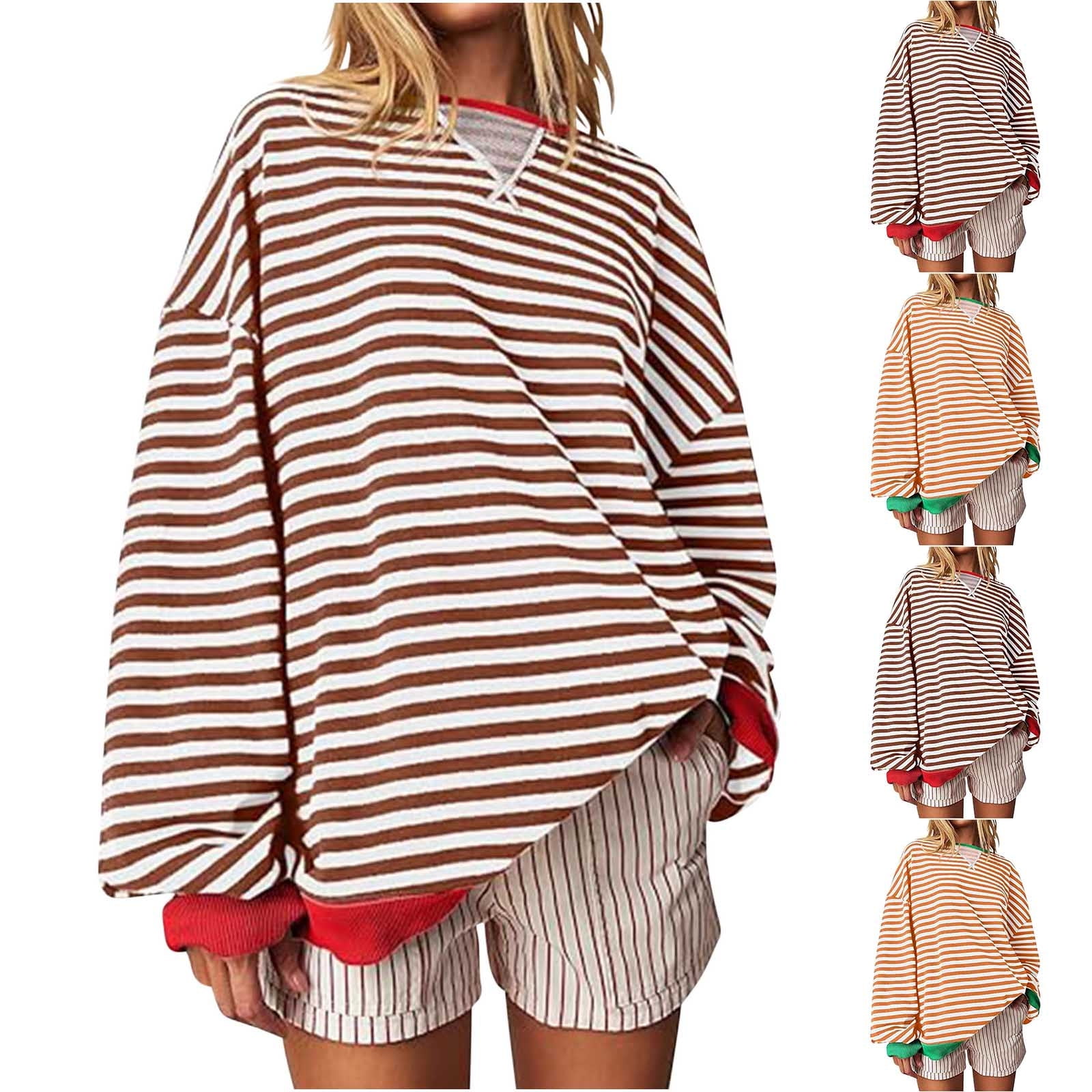 CKpwisy Women Oversized Striped Sweatshirts Long Sleeve Crew Neck ...