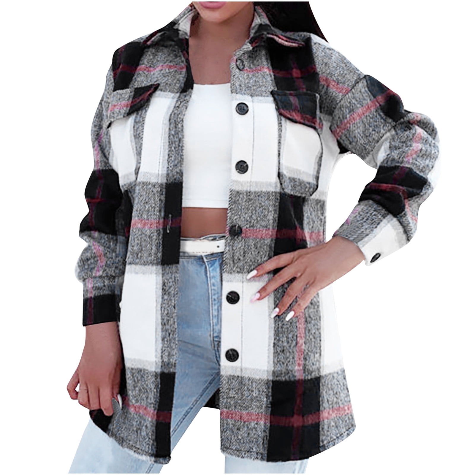 CKpwisy Women's Plaid Shacket Jacket Winter Warm Long Sleeve Button ...