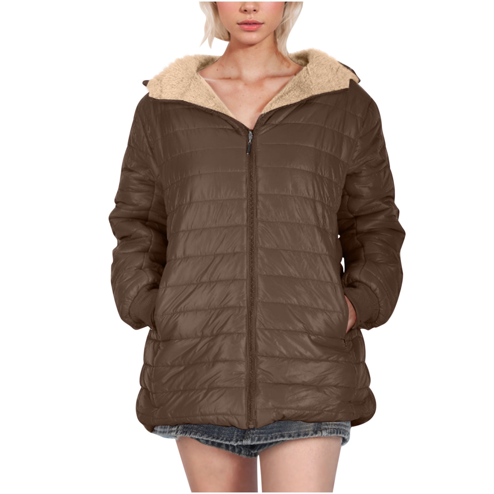 CKpwisy Women's Puffer Jacket Winter Warm Quilted Puffer Faux Fleece ...
