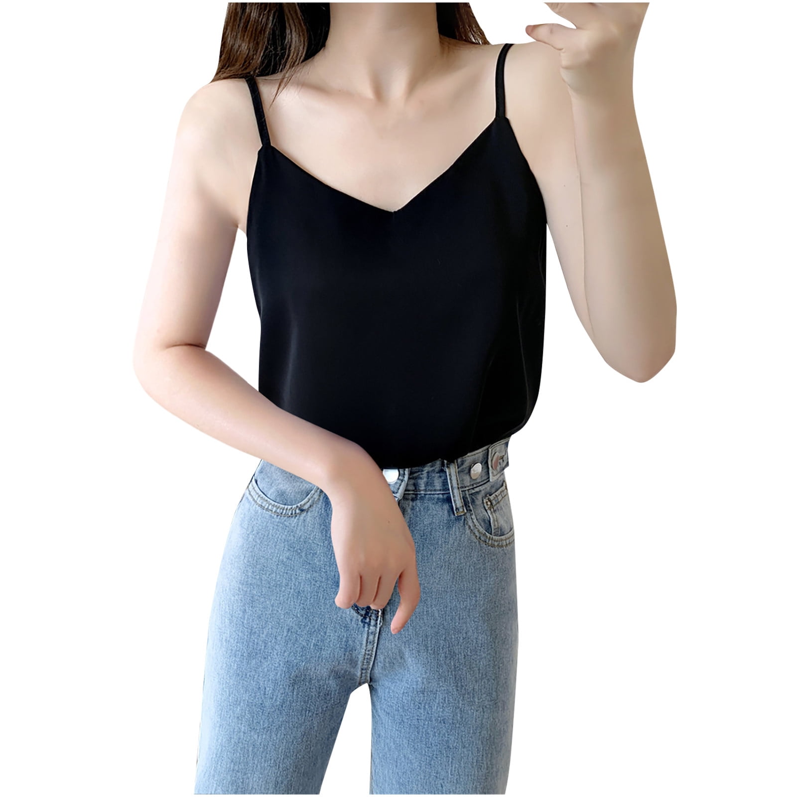 CKpwisy Women's Solid Chiffon Vests Comfy Summer V Neck Spaghetti Strap ...