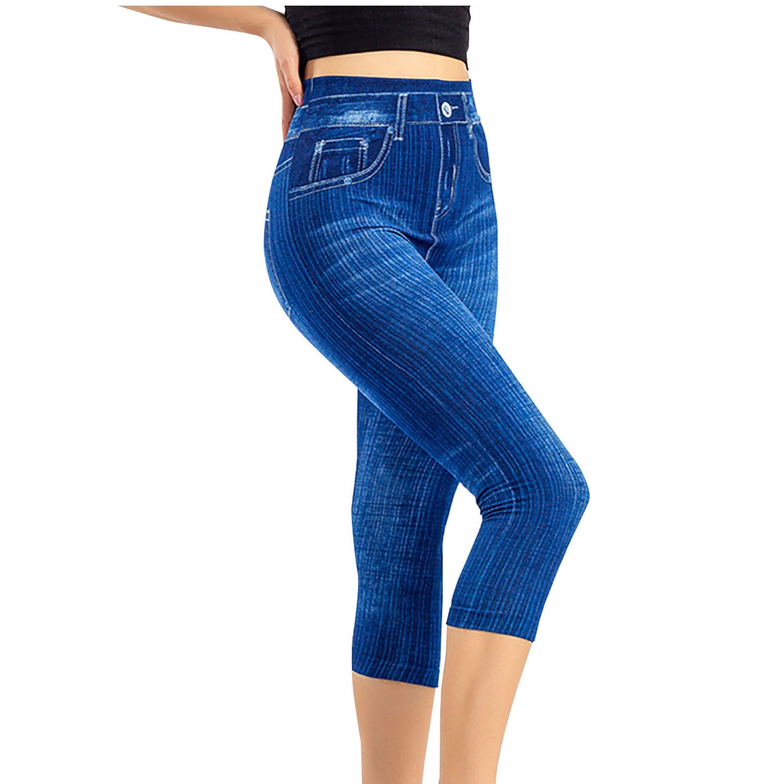 CKpwisy Women's Stretchy Fake Denim 7/8 Leggings Tummy Control Slim Fit ...