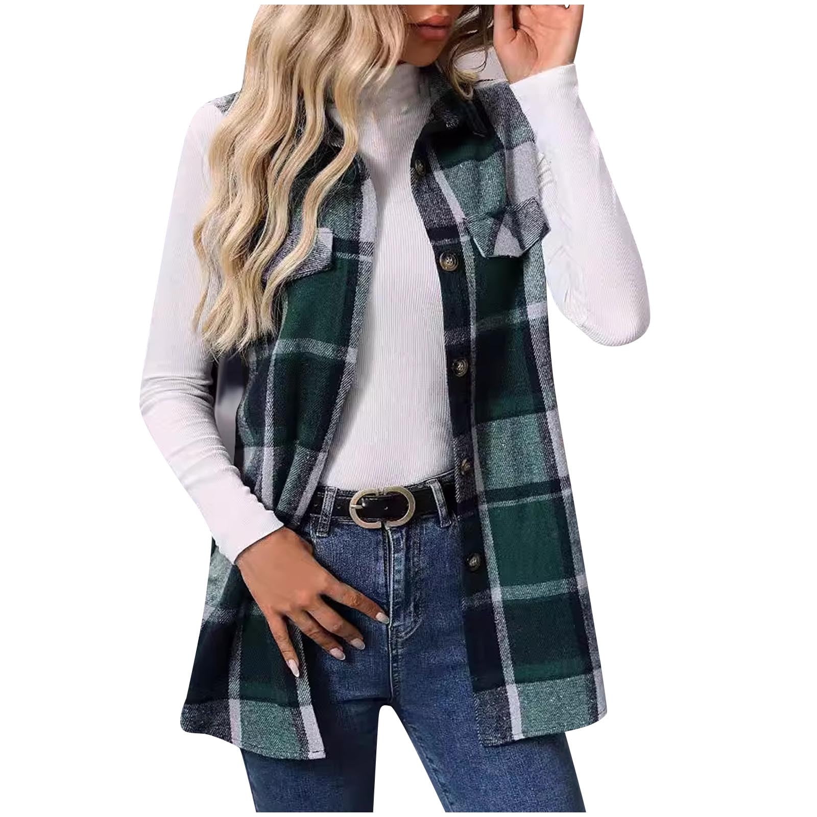 CKpwisy Womens Plaid Flannel Vest Fall Winter 2024 Sleeveless Shacket ...