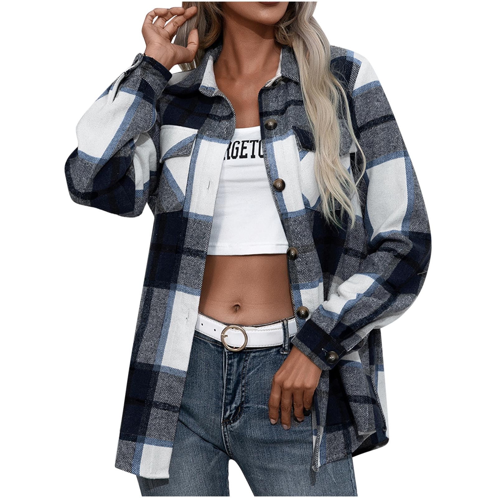 CKpwisy Womens Plus Size Plaid Shacket Casual Warm Fleece Lined Jackets ...