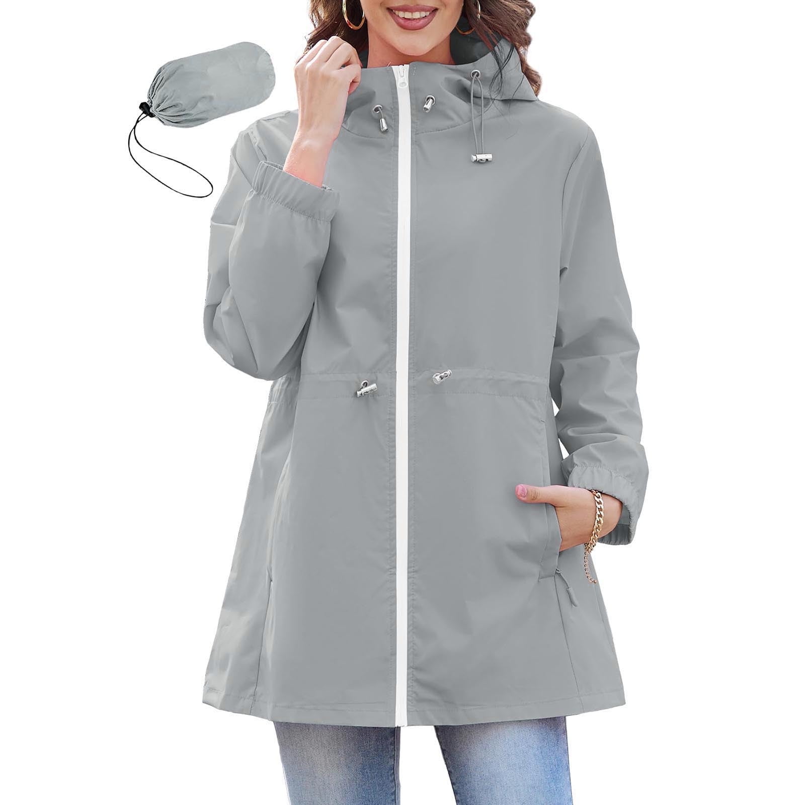 CKpwisy Womens Rain Jacket with Hood Full Zip-Up Waterproof Windbreaker ...