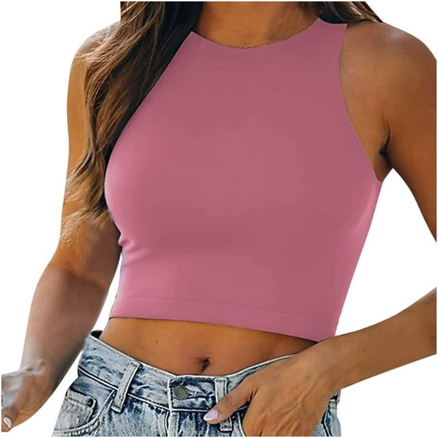 Ckpwisy Womens Sexy Sleeveless High Neck Cropped Tops Solid Color