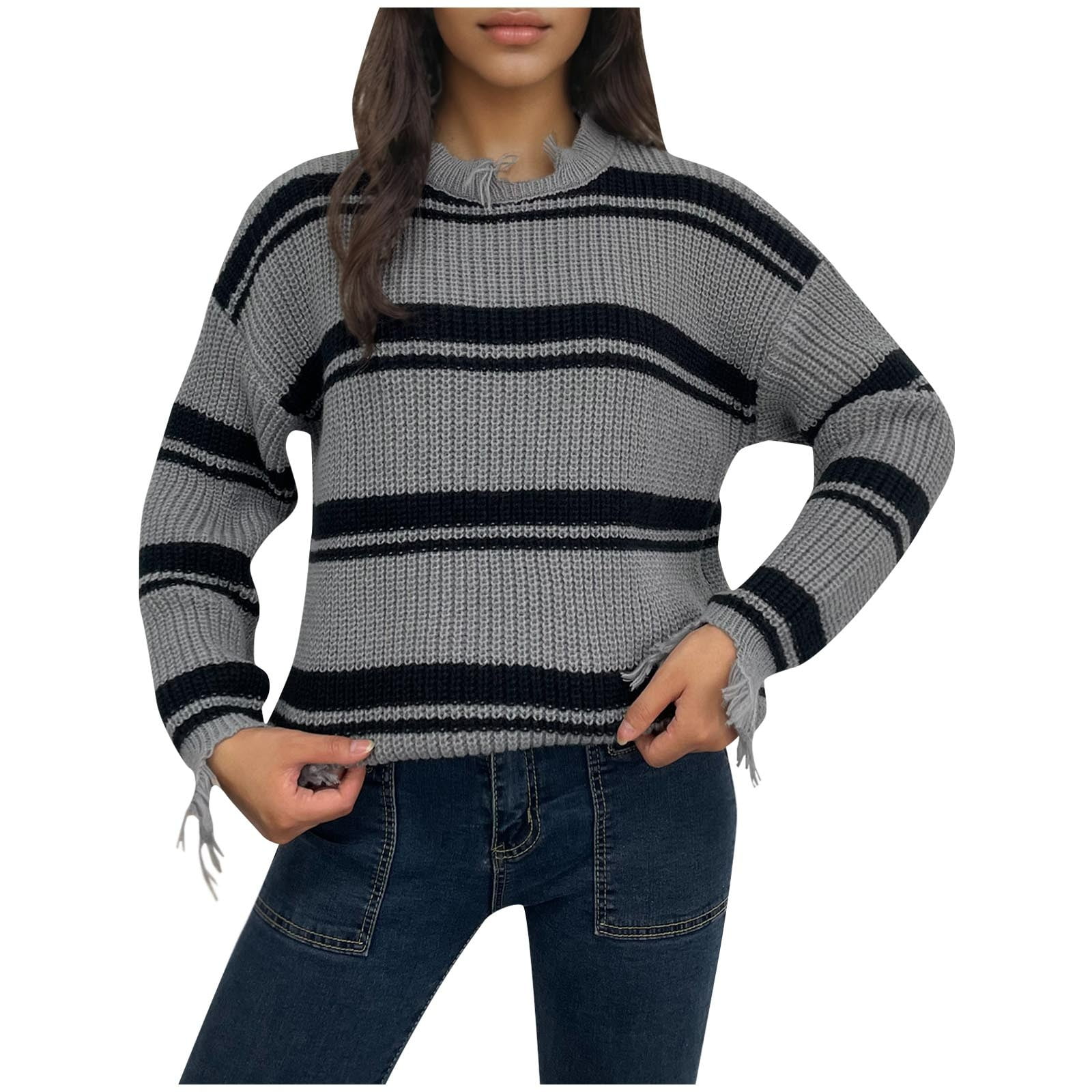 CKpwisy Womens Striped Pullover Sweater Top 2025 Fall Winter Irregular ...