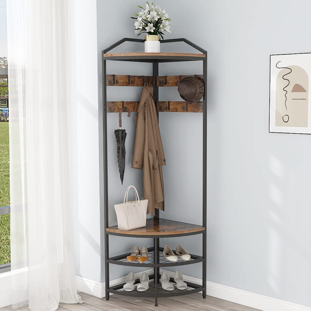 CL Corner Hall Tree with Shoe Bench Entryway Coat Rack with 10 Metal ...
