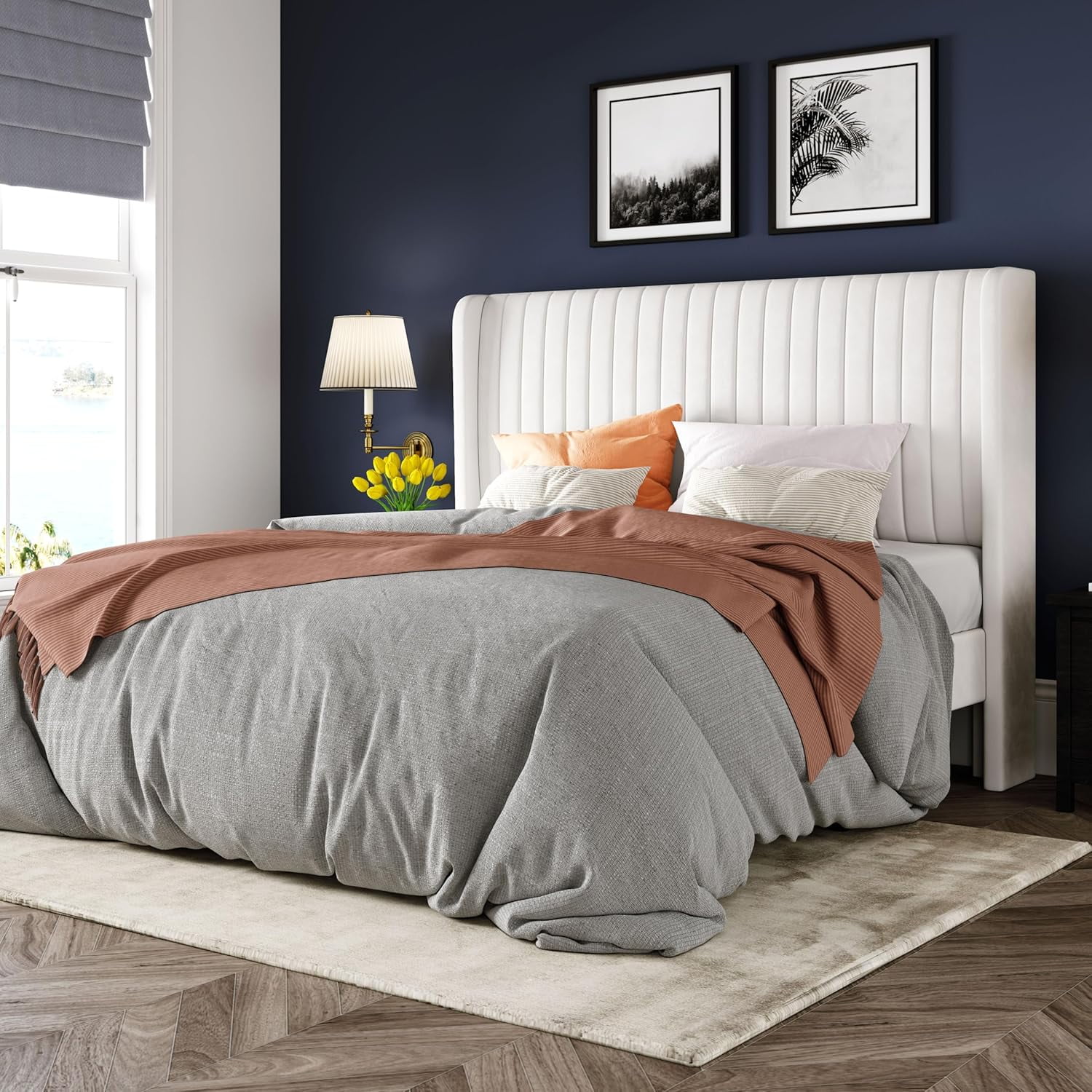 CL Full Size Velvet Bed Frame/Vertical Channel Tufted Wingback ...