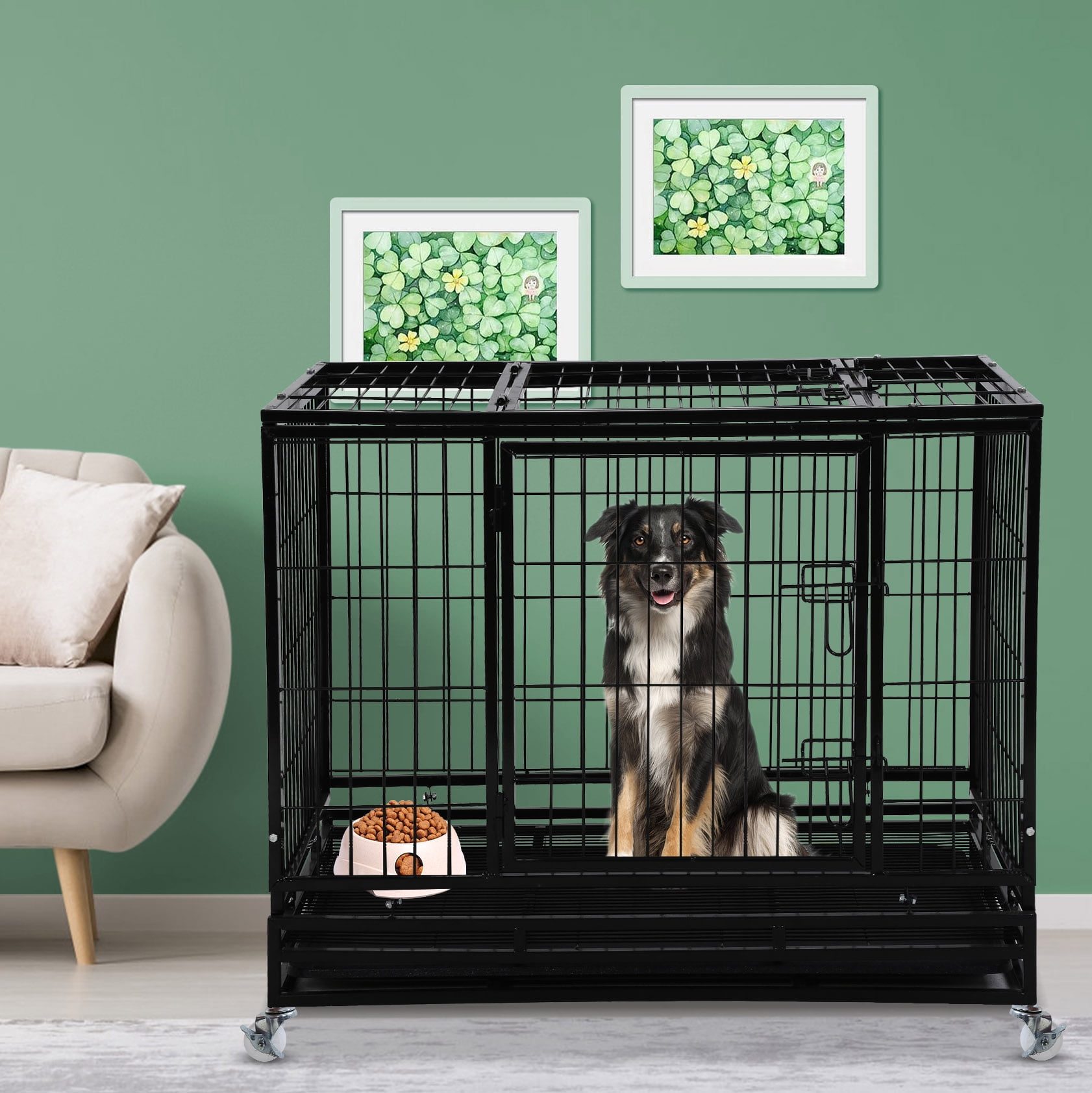 CL.HPAHKL 42 Inch Dog Crate, Heavy Duty Dog Kennel with Lockable Wheels ...