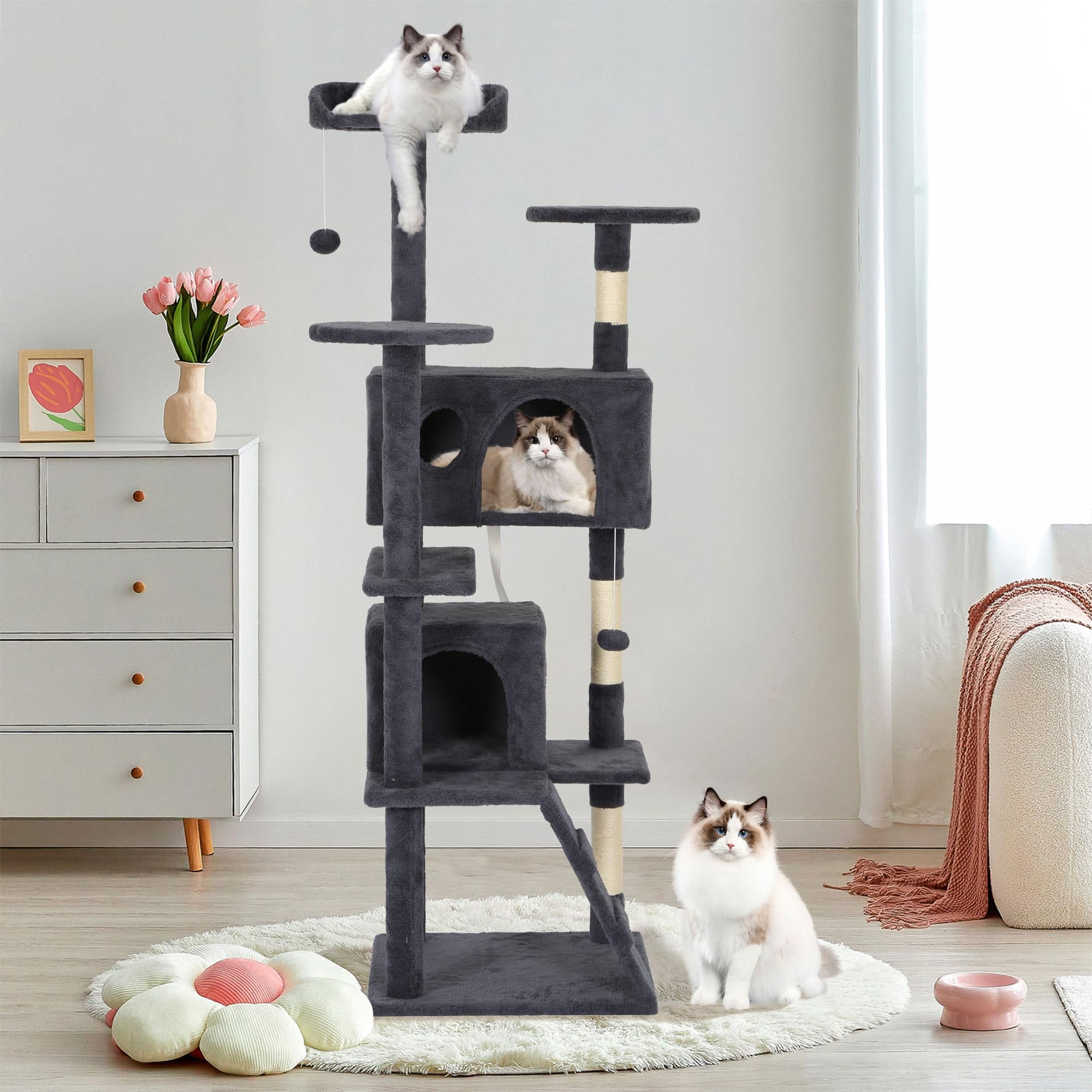 CL.HPAHKL 62 Inch Sturdy Cat Tree Tower for Indoor Cats, Cat Activity ...