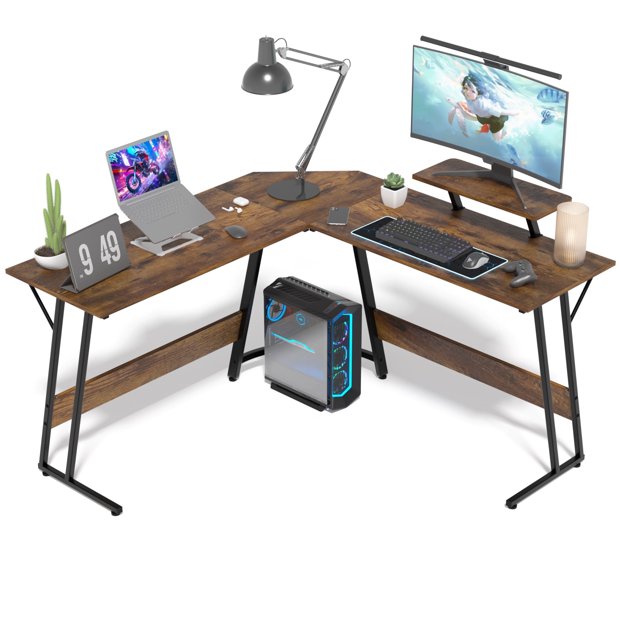CL.HPAHKL L-Shaped Monitor Stand and Large Wooden Gaming Desk, Brown ...