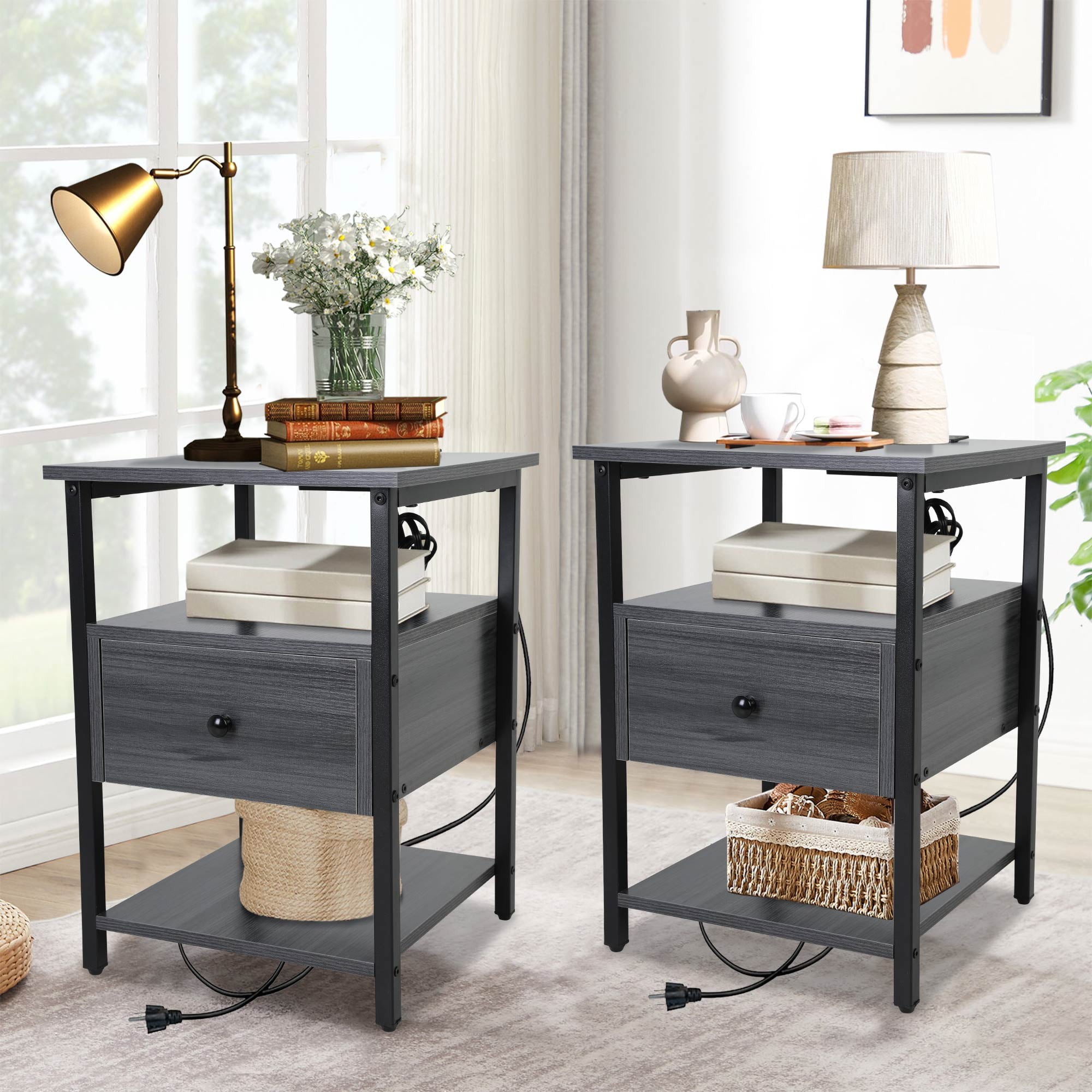 CL.HPAHKL Night Stand Set of 2, Side Table with Storage Drawer and Open ...