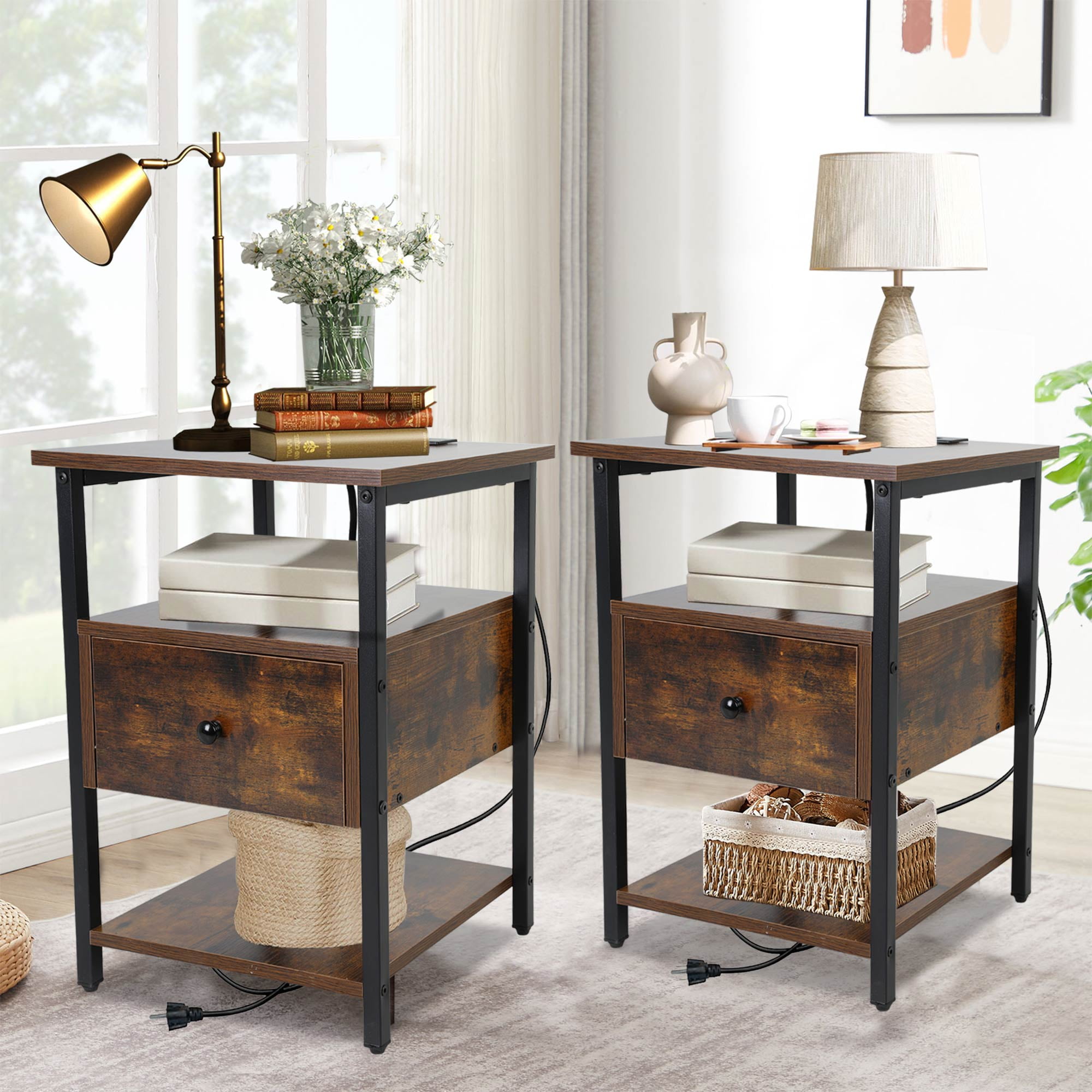 CL.HPAHKL Night Stand Set of 2, Side Table with Storage Drawer and Open ...
