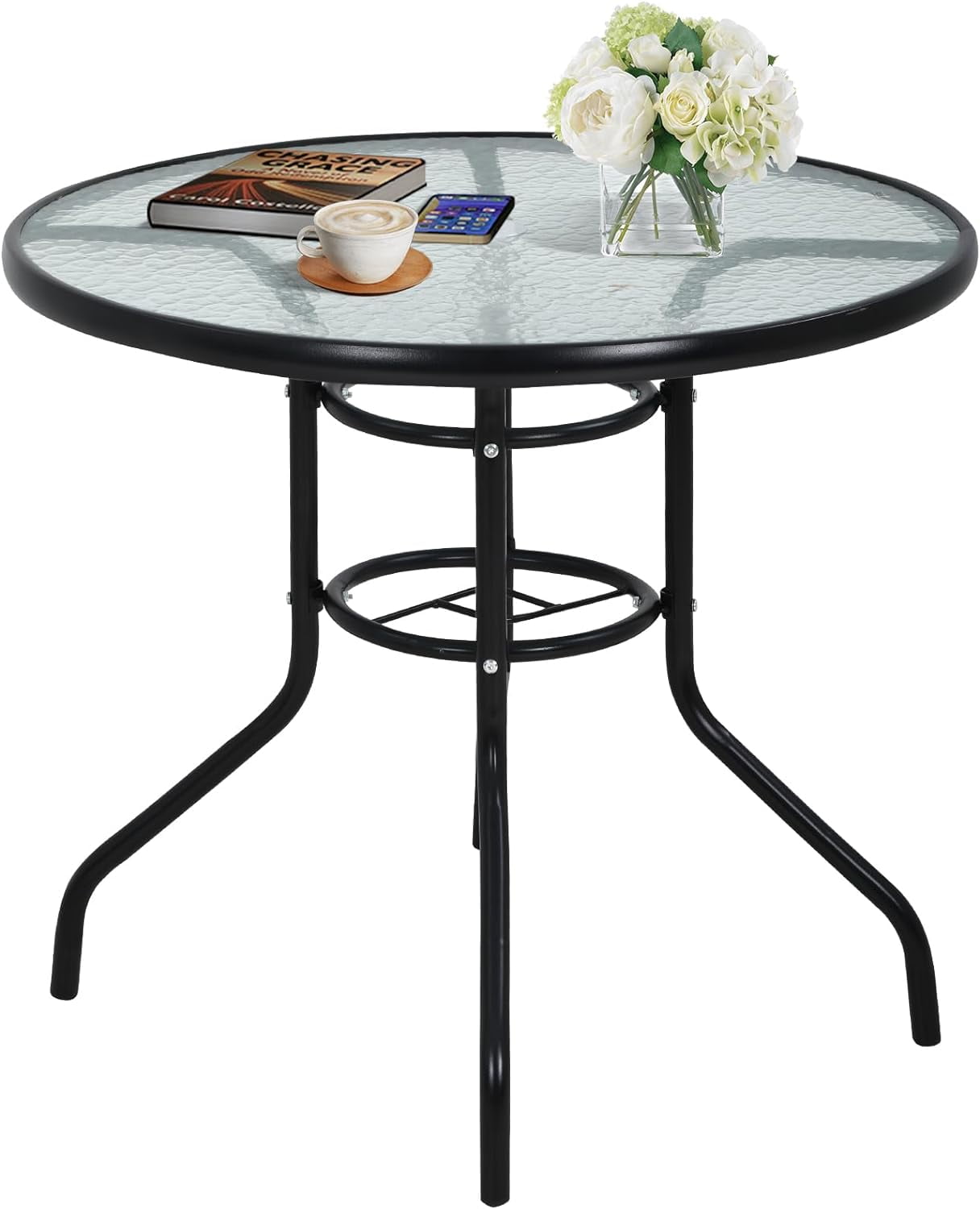 CL.HPAHKL Outdoor Dining Table, Round Patio Table Tempered Glass Top with Umbrella Hole for Deck ...