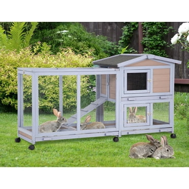 NiamVelo Indoor/Outdoor Wood Rabbit Hutch with Tray, Wheels & Waterproof Roof, Grey - Walmart.com