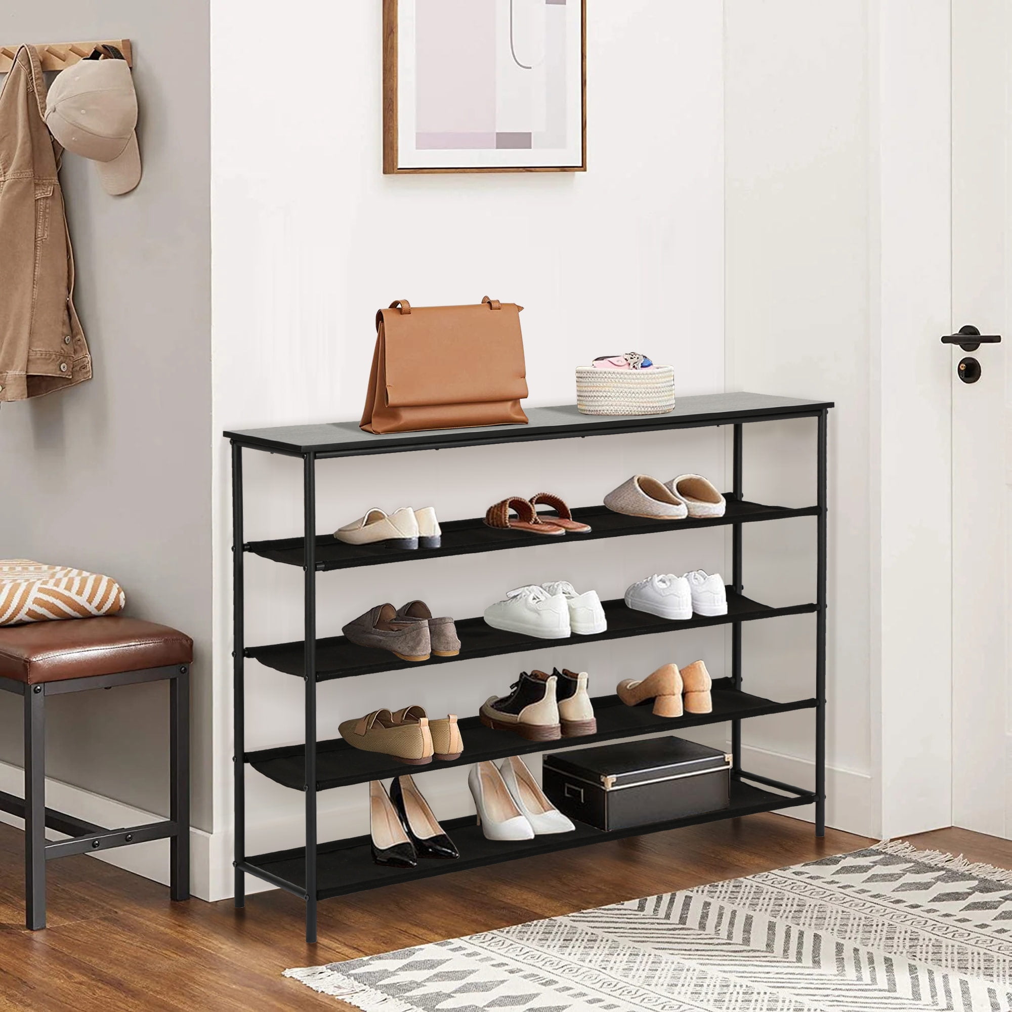 CL.HPAHKL Shoe Rack, 5 Tier Shoe Storage Organizer, Long Wooden Shoe ...