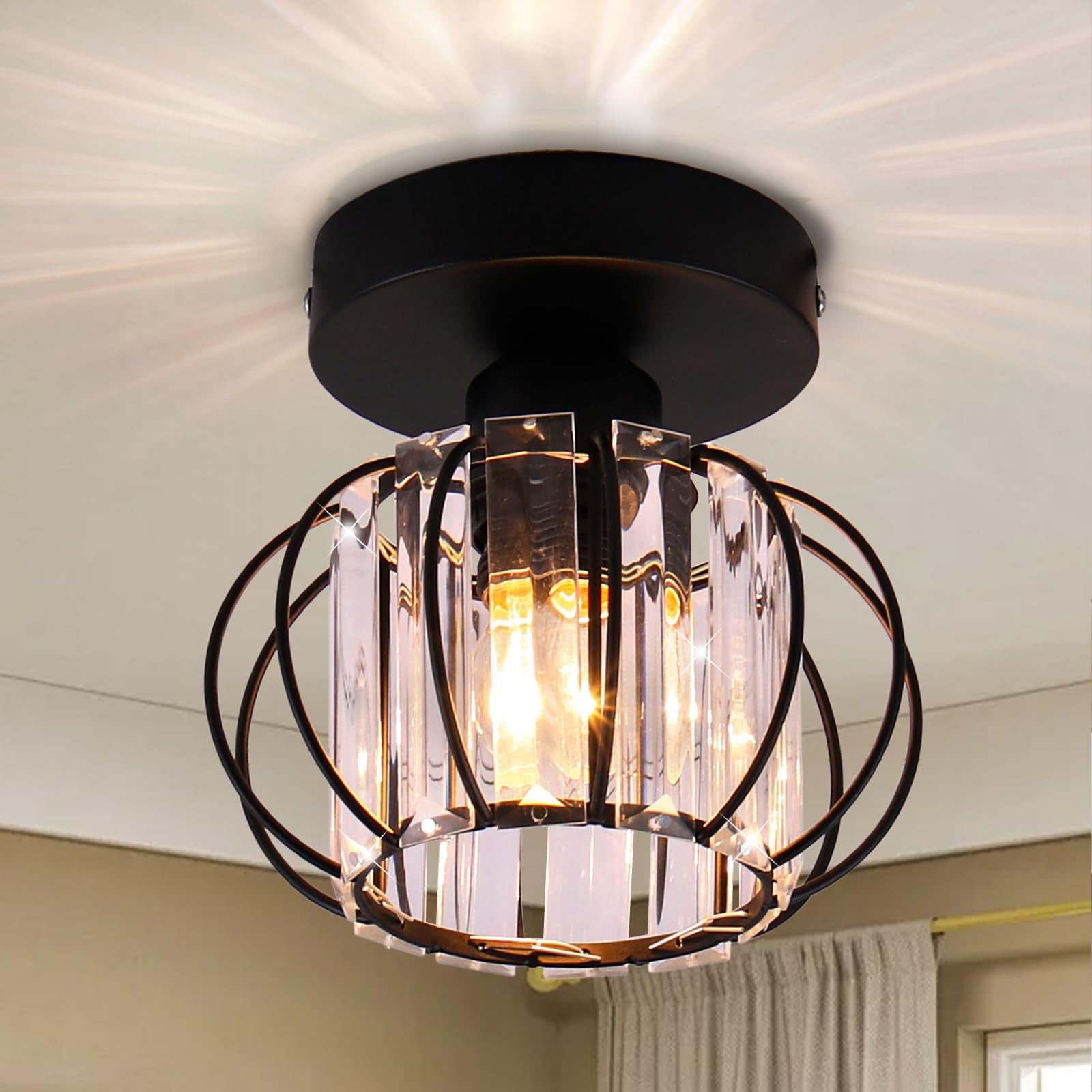 CLAIRDAI Modern Small Close to Ceiling Light Black Crystal Ceiling ...