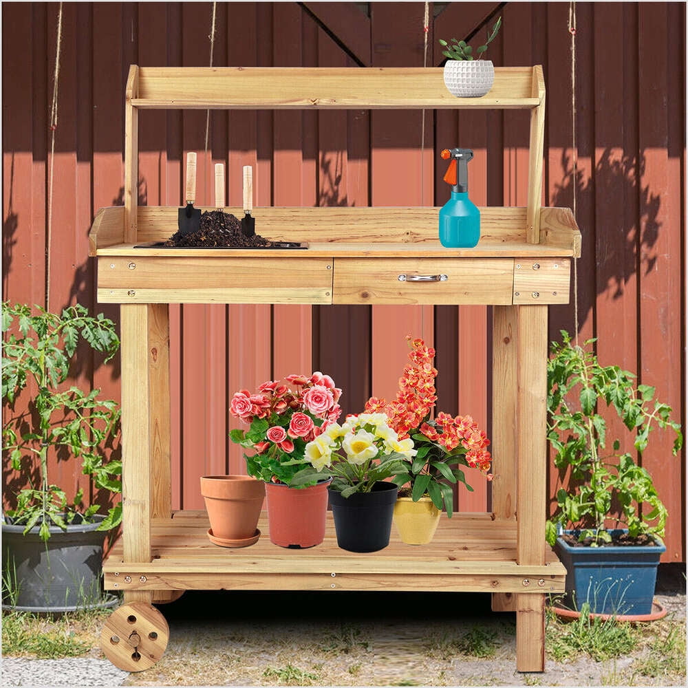 CLARFEY Potting Bench Table Rolling Planting Work Desk Garden ...