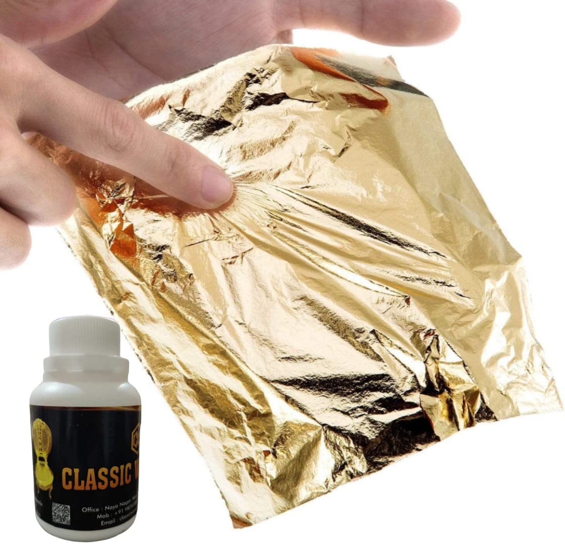 CLASSIC WARAQ CO Mini Gold Leaf Sheets 100 Gold Leaf Glue 50ml Combo ...
