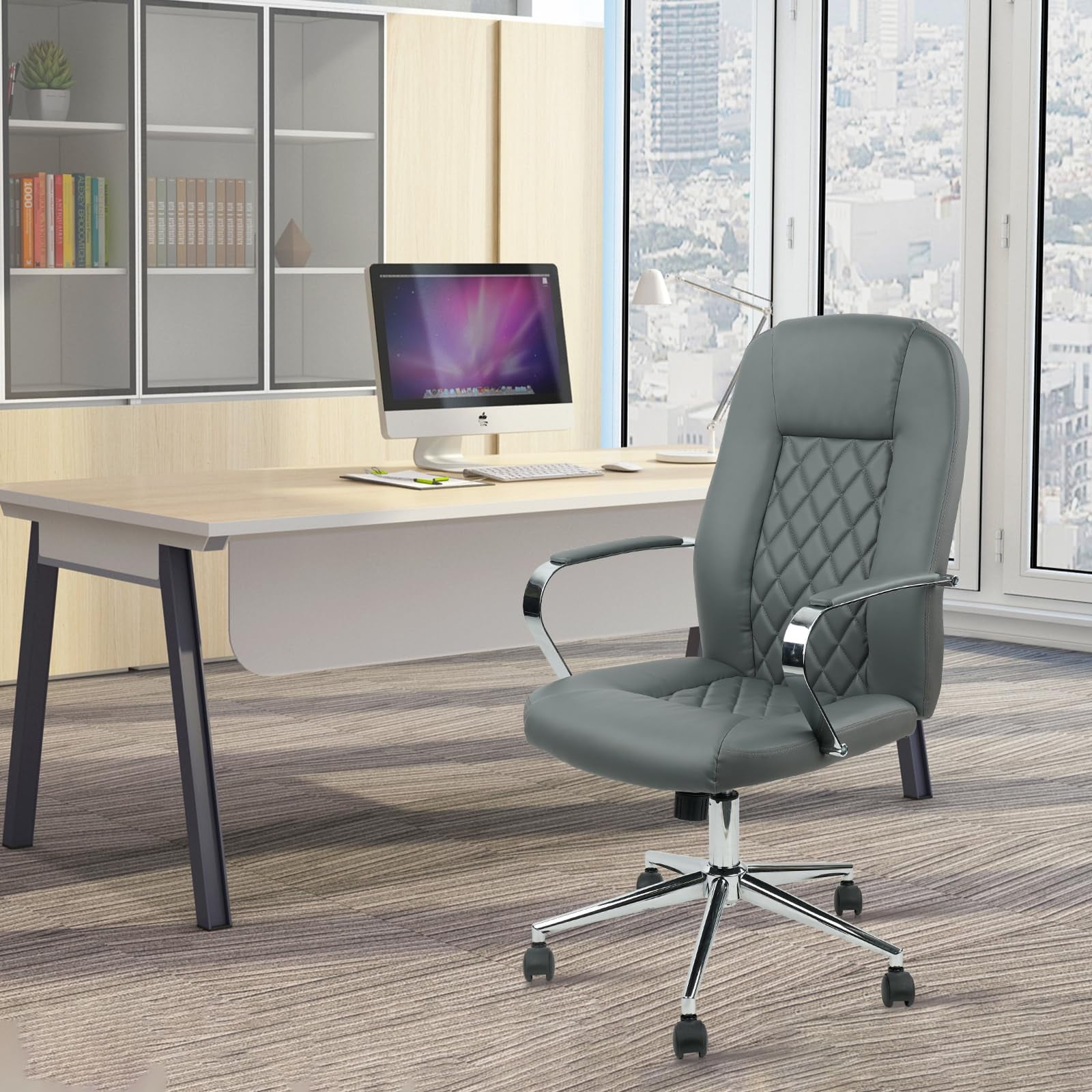 CLATINA Grey PU Leather Ergonomic Office Chair High Back Adjustable ...