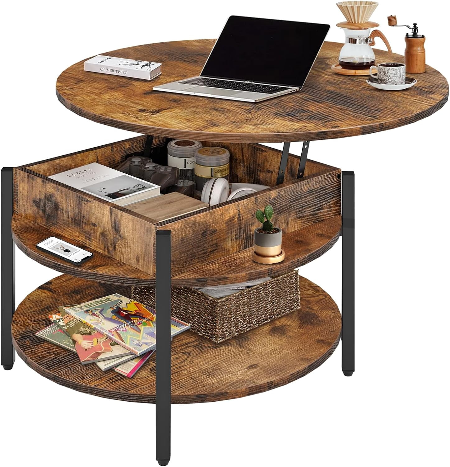 CLATINA Round Lift Top Coffee Table, Farmhouse Wooden Round Coffee ...