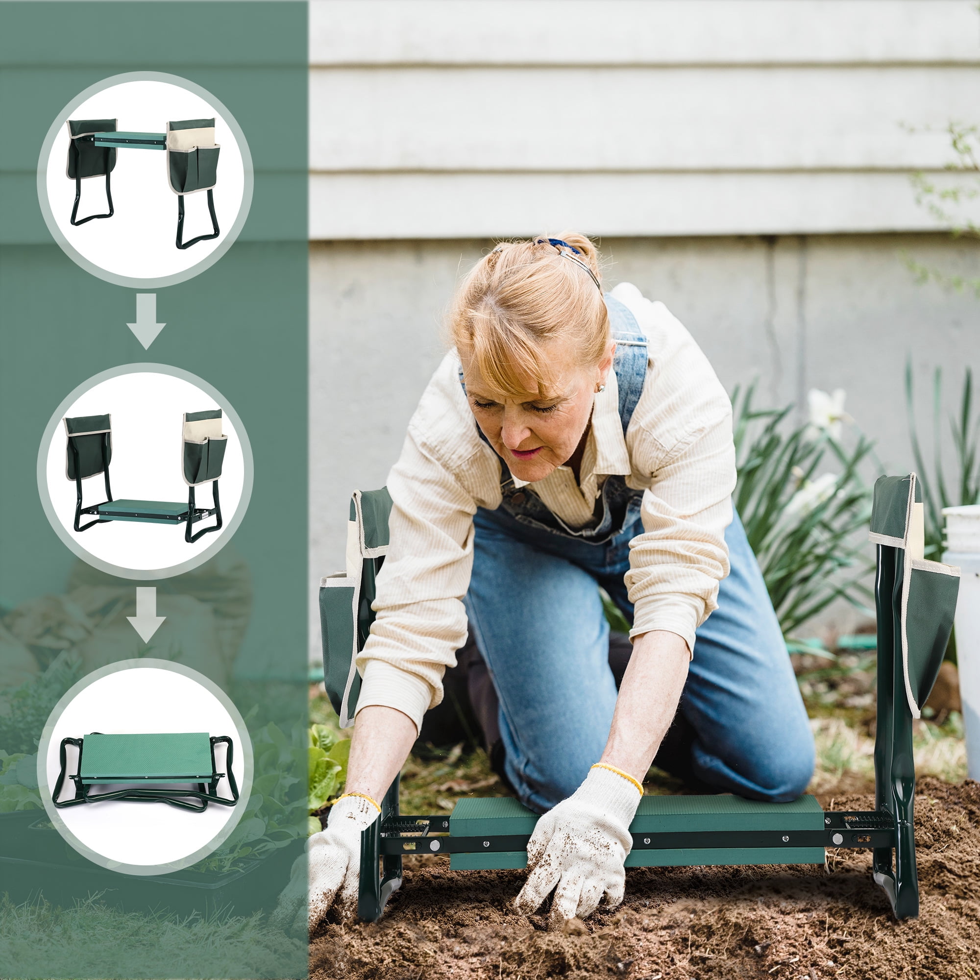 TomCare Upgraded Garden Kneeler Seat Widen Soft Kneeling Pad Garden Tools Stools Garden Bench with 2 Large Tool Pouches Outdoor Foldable Sturdy Gardening Tools for Gardeners Green Walmart