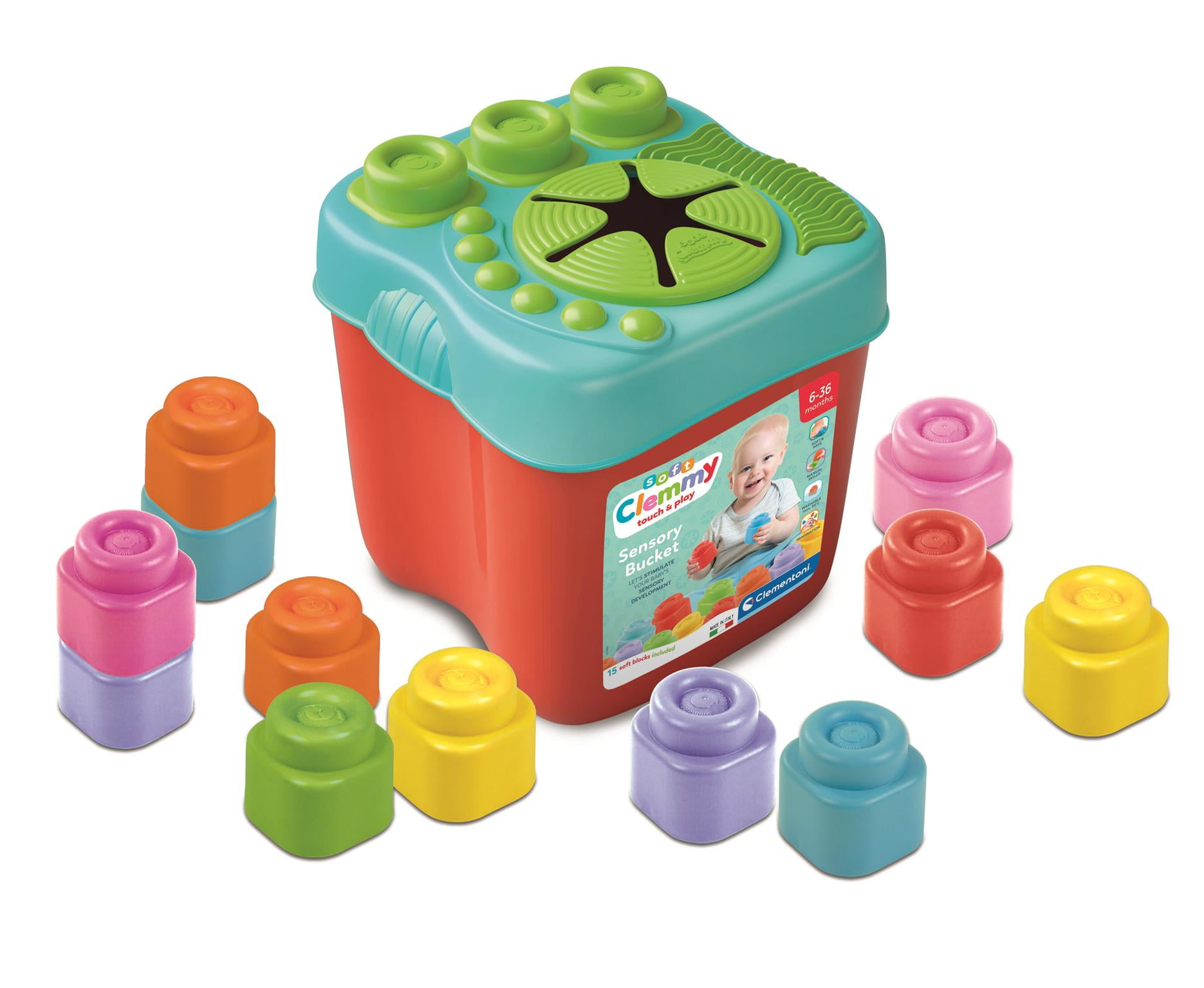 Clementoni Clemmy Sensory Bucket with 15 Soft Blocks, Develops Motor ...