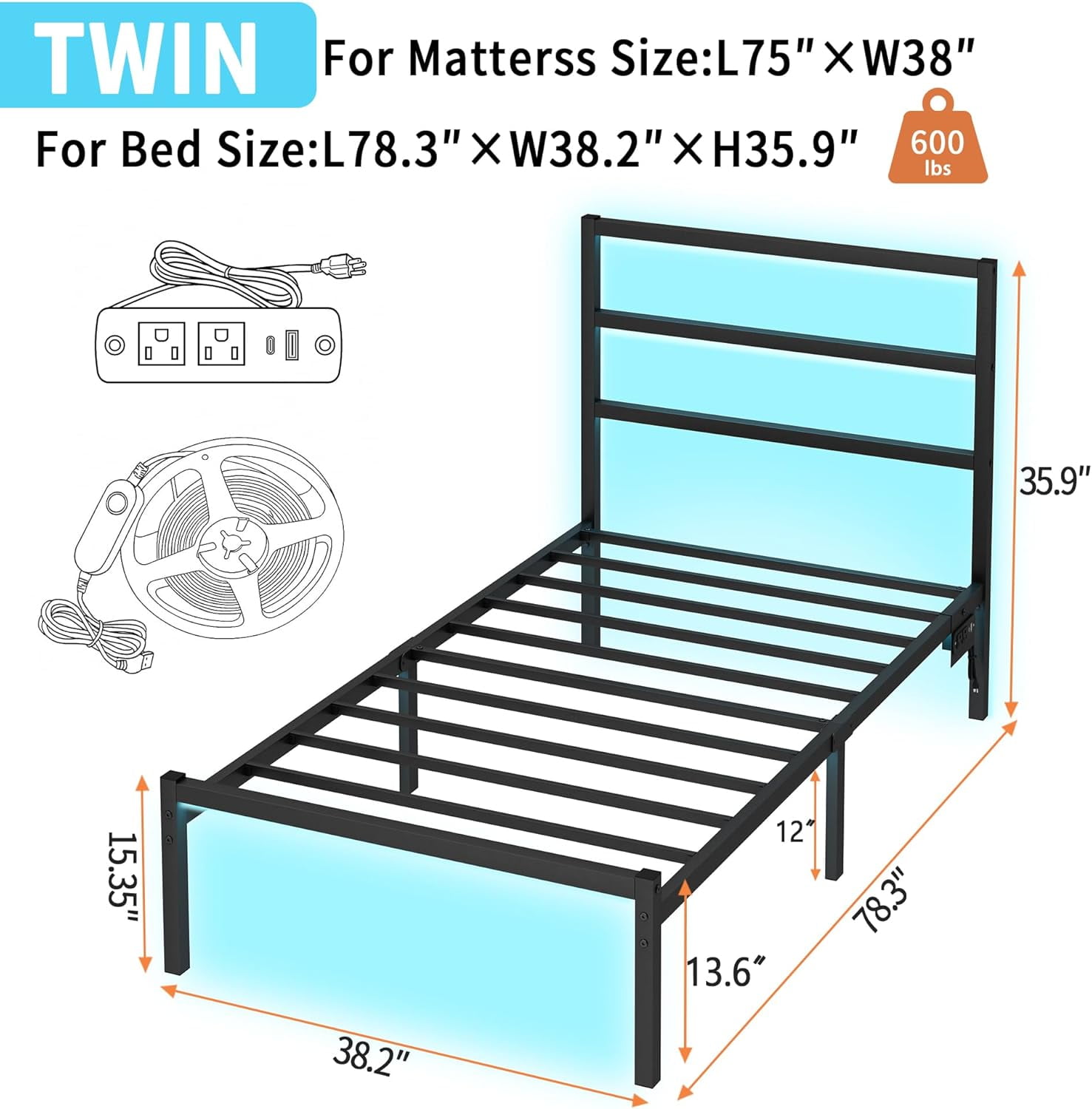 CLIBFENG Twin Bed Frame with Headboard, Heavy Duty Steel Slats Support ...