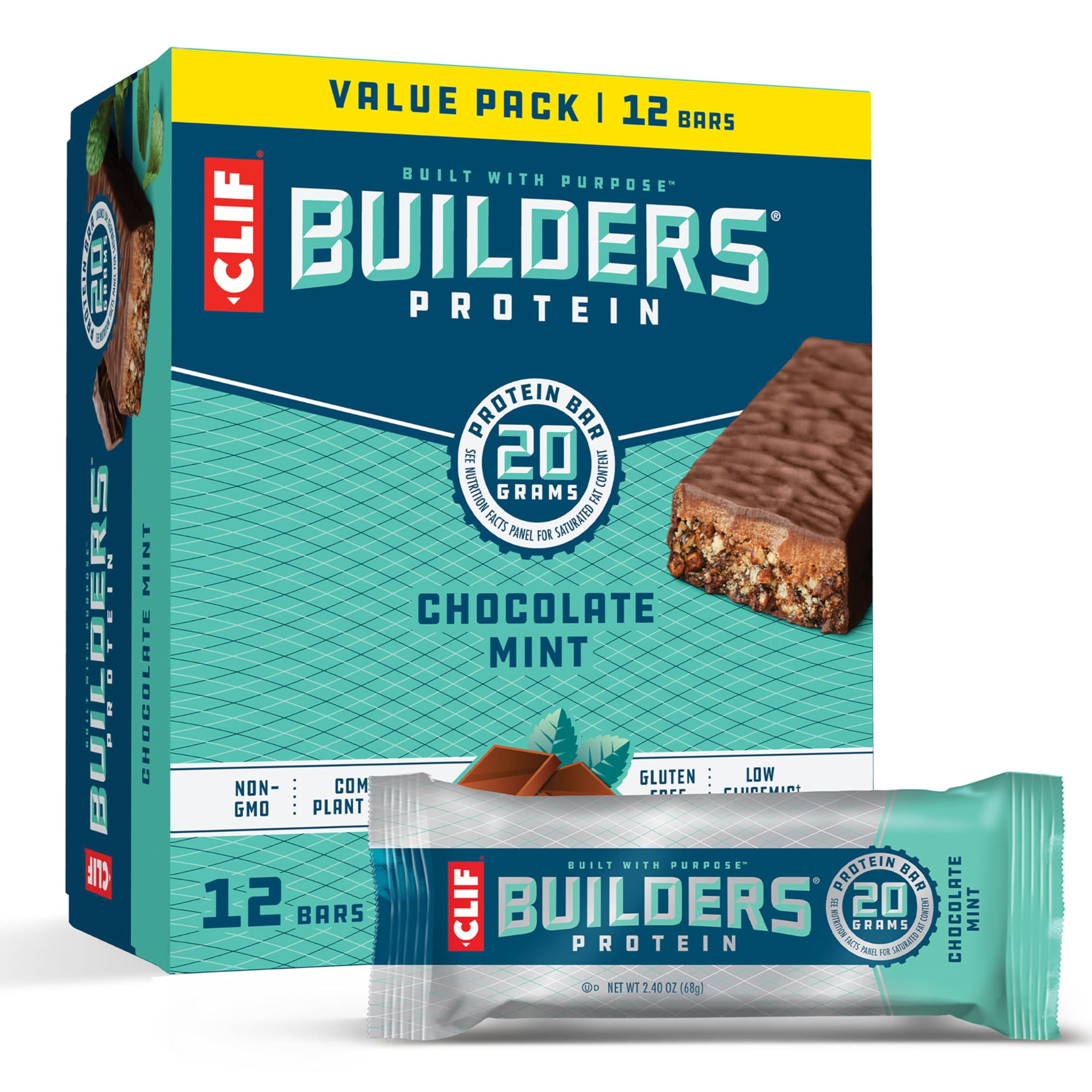 CLIF Builders - Chocolate YPF5 Mint Flavor - Plant Based Protein Bars ...