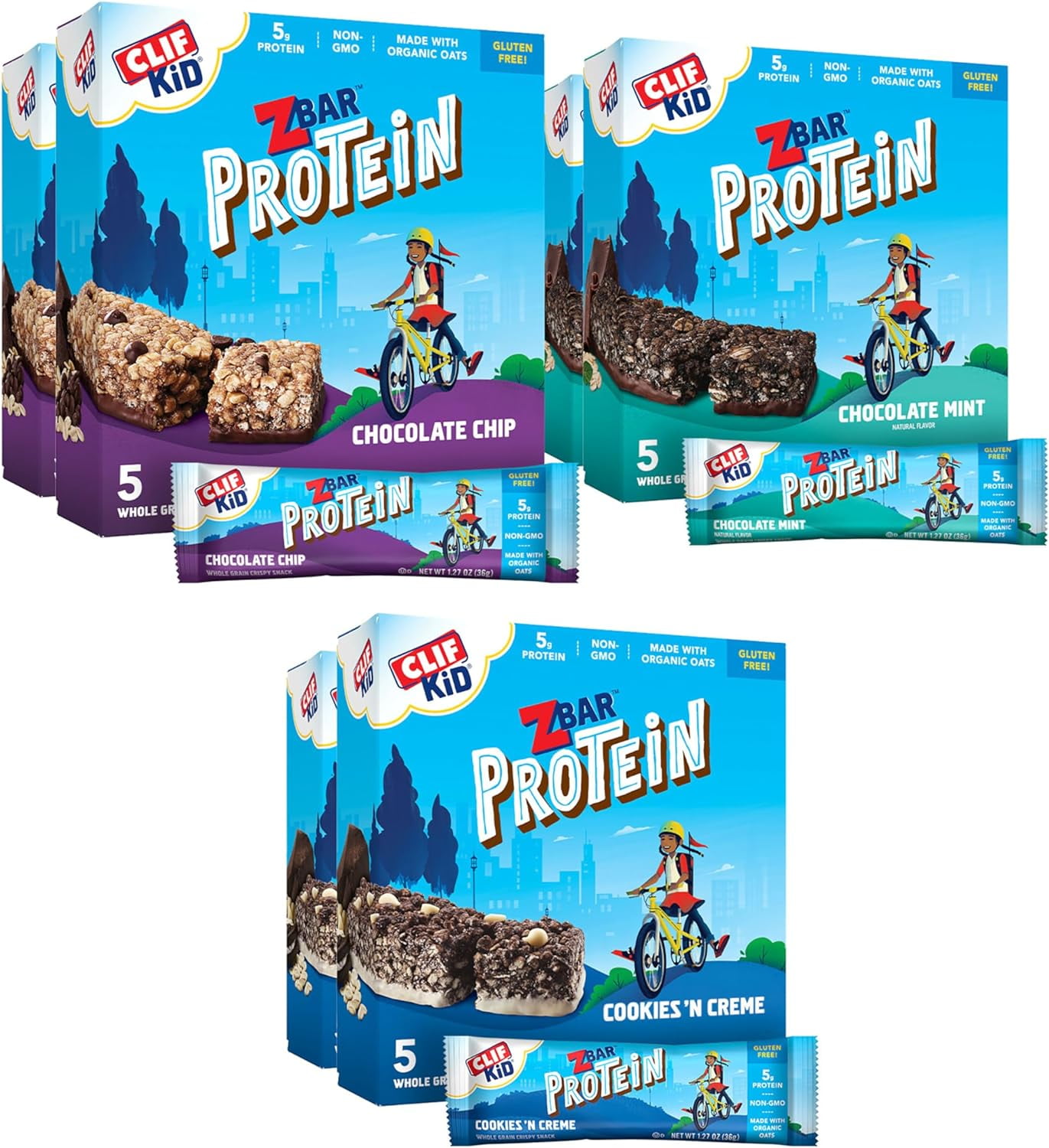 CLIF Kid Zbar Protein - Chocolate Chip, Chocolate Mint, and Cookies 'n ...