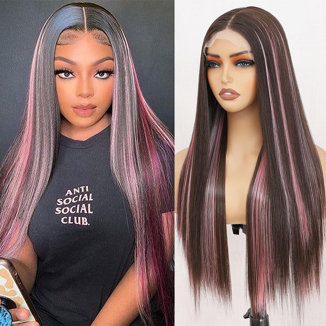 CLIONE 24 Inch Long Straight Lace Front Wigs Pink Highlight Wig 13X4X1 ...