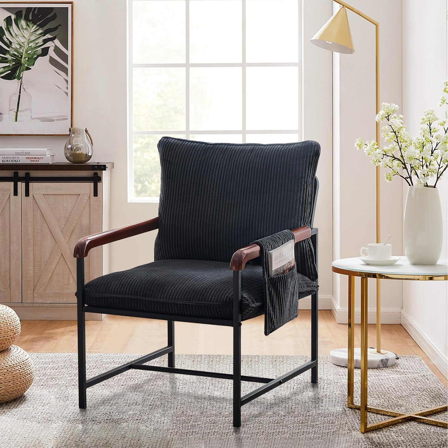 CLIPOP Accent Chair with Corduroy Fabric, Wood Armrests, Removable ...