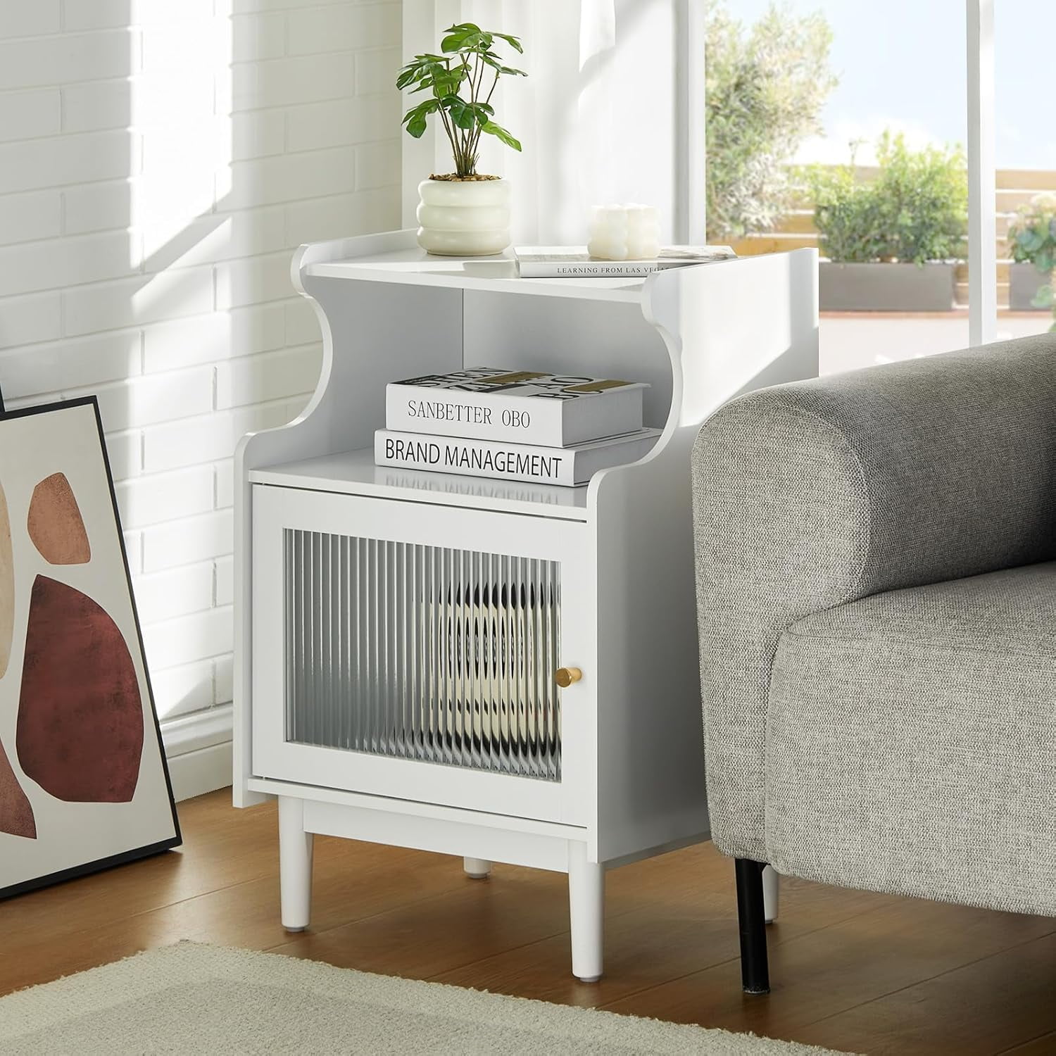 CLIPOP LED Night Stand, Mid Century Modern Nightstand with Fluted Glass ...