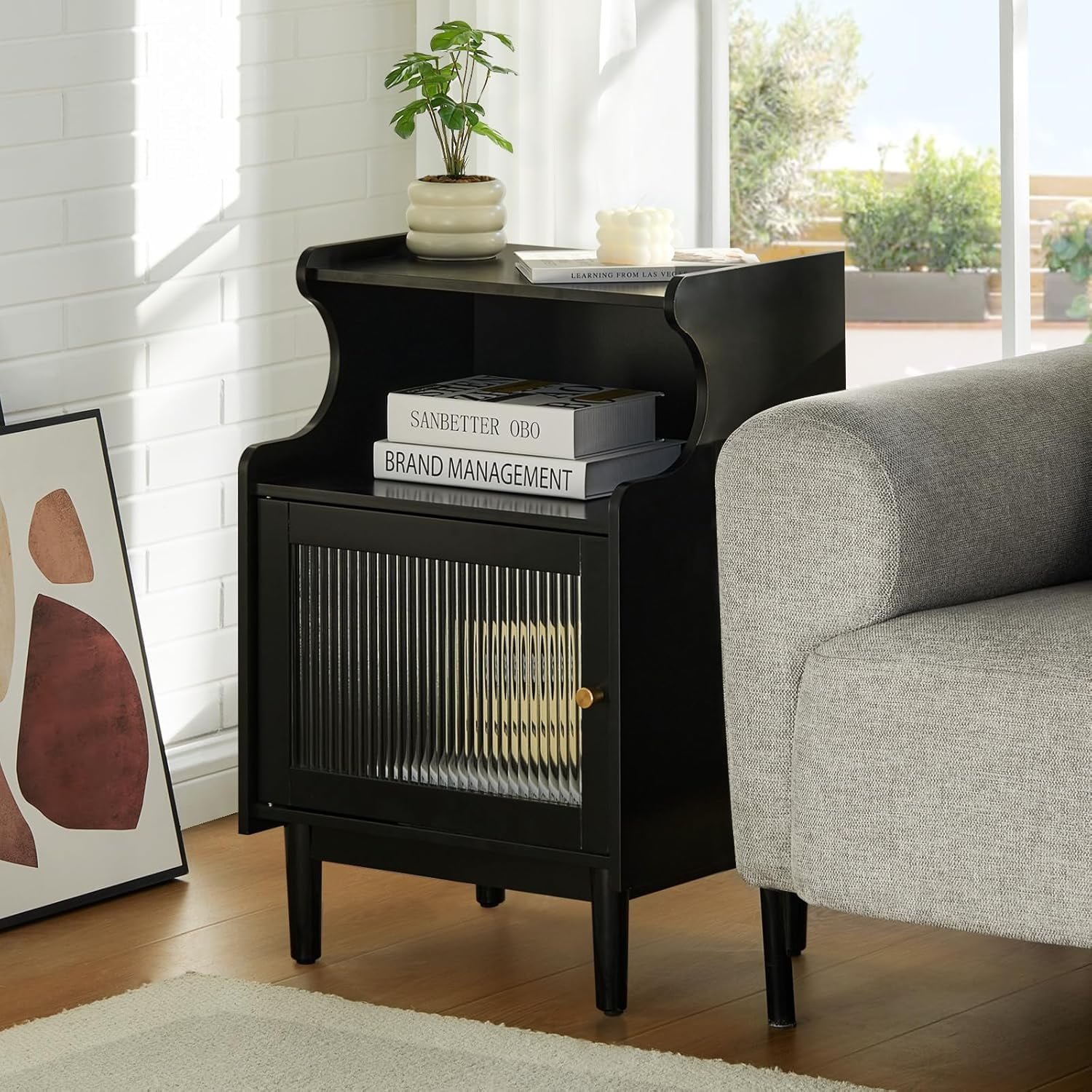 CLIPOP LED Night Stand, Mid Century Modern Nightstand with Fluted Glass ...