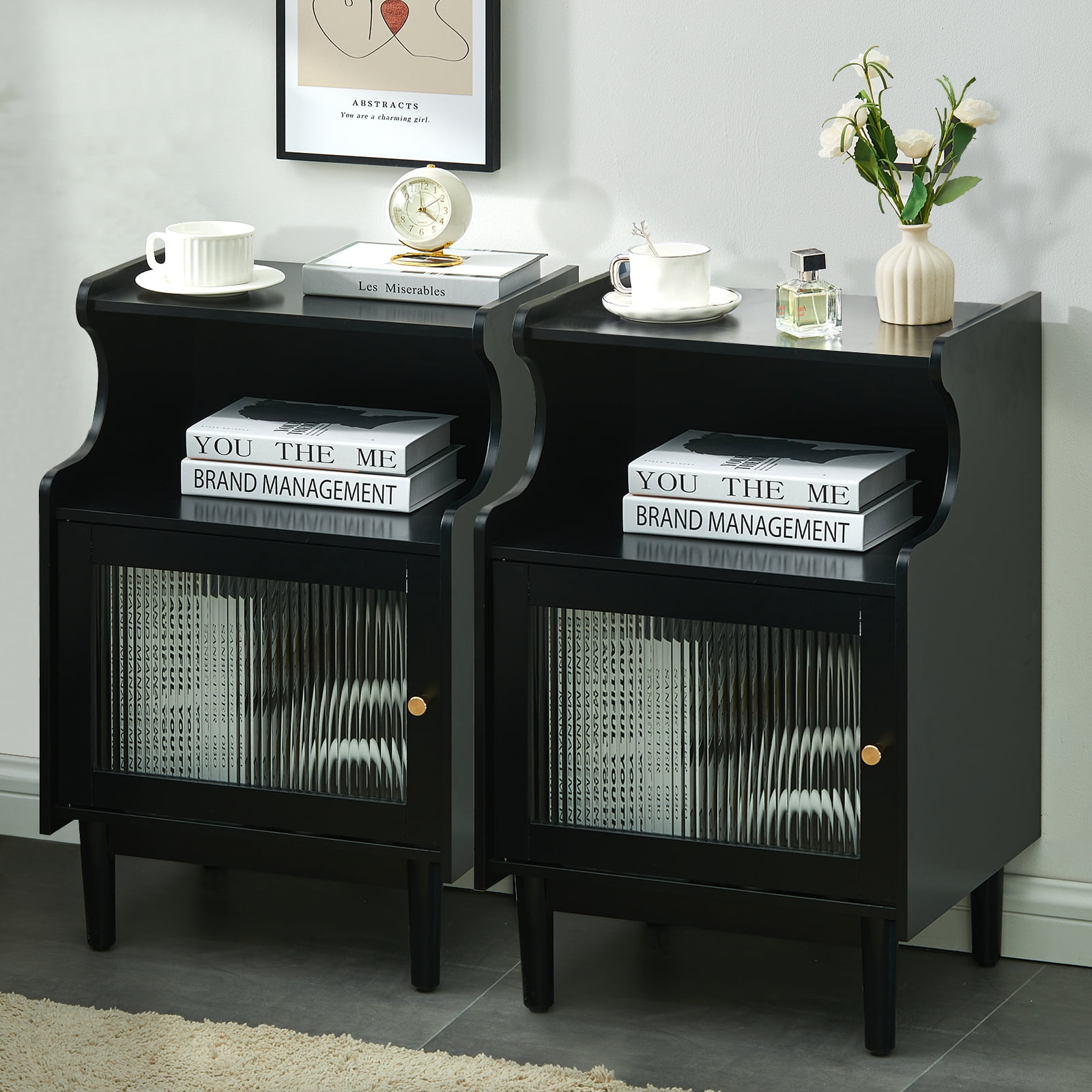 CLIPOP LED Nightstand Set of 2, Black Bedside Table with Fluted Glass Door, Solid Wood Legs ...