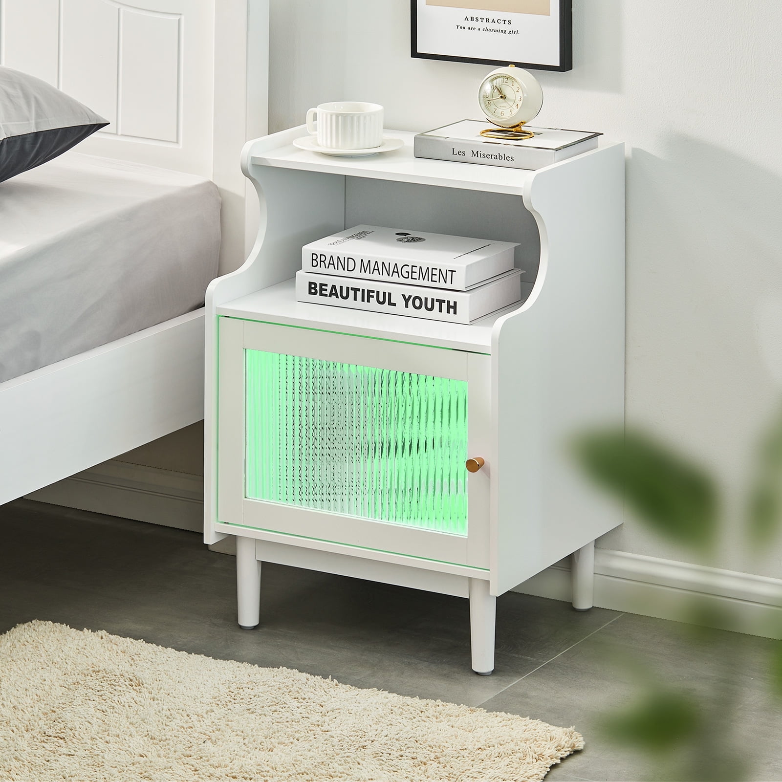 CLIPOP LED Nightstand, White Bedside Table with Fluted Glass Door ...