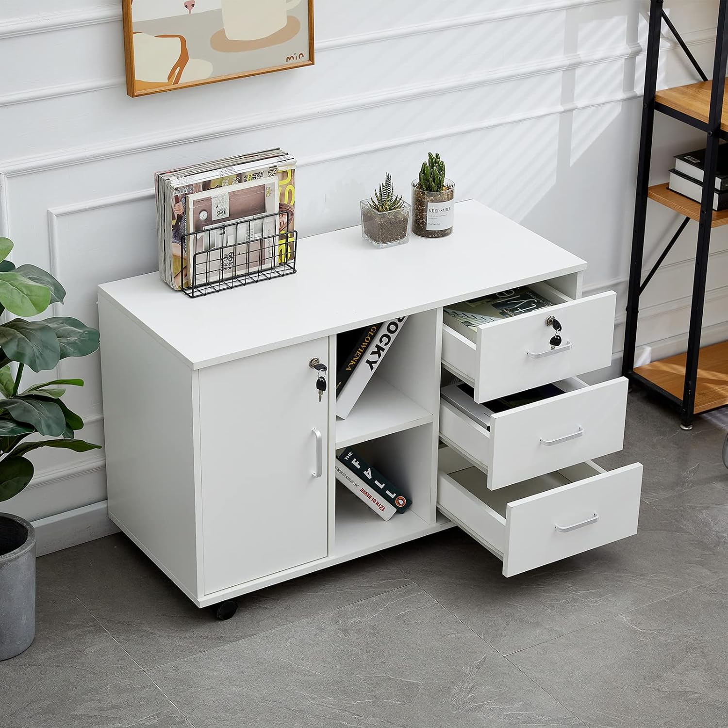 CLIPOP Mobile Office Cabinet w/ 3 Drawers(1 Lockable), Storage Cabinet ...