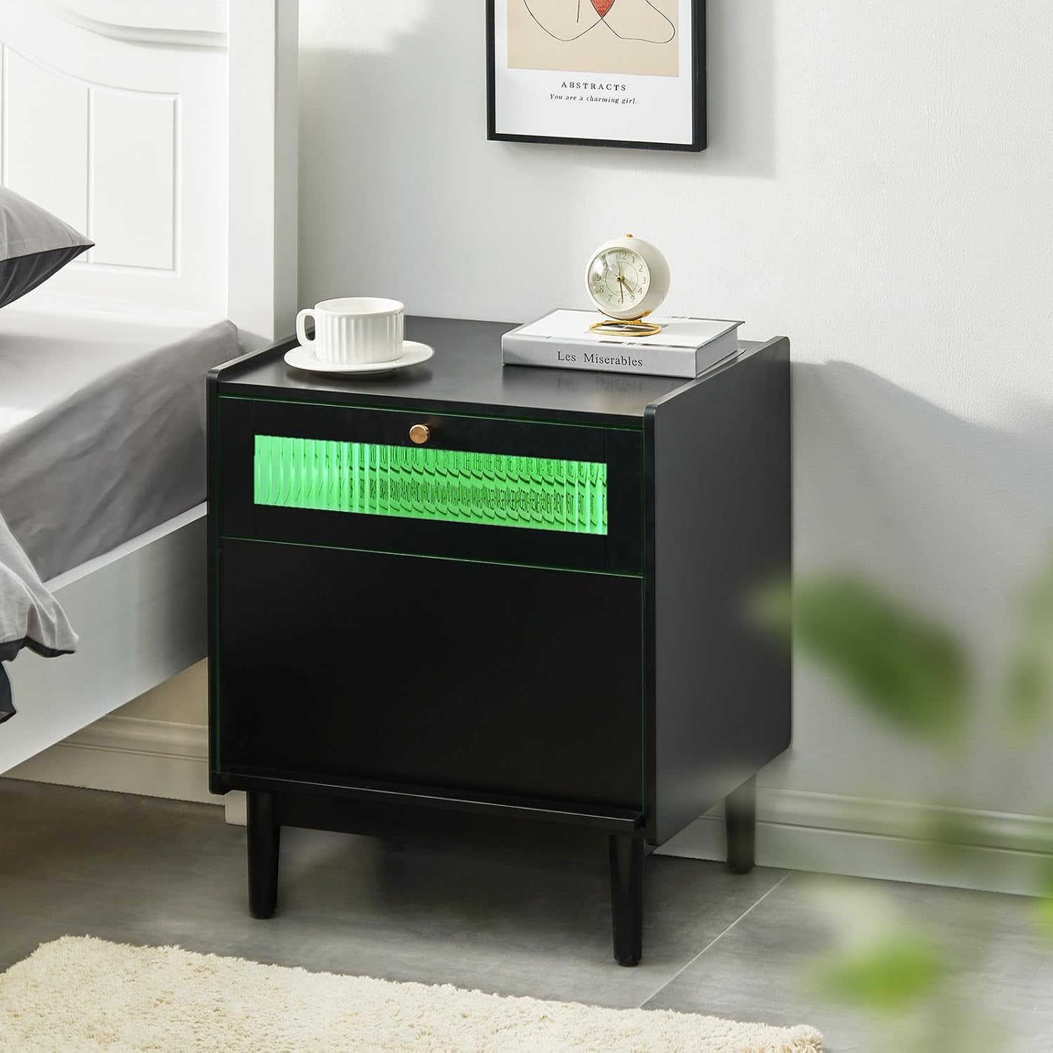 CLIPOP Nightstand with LED Light, Modern Night Stand with Fluted Glass ...