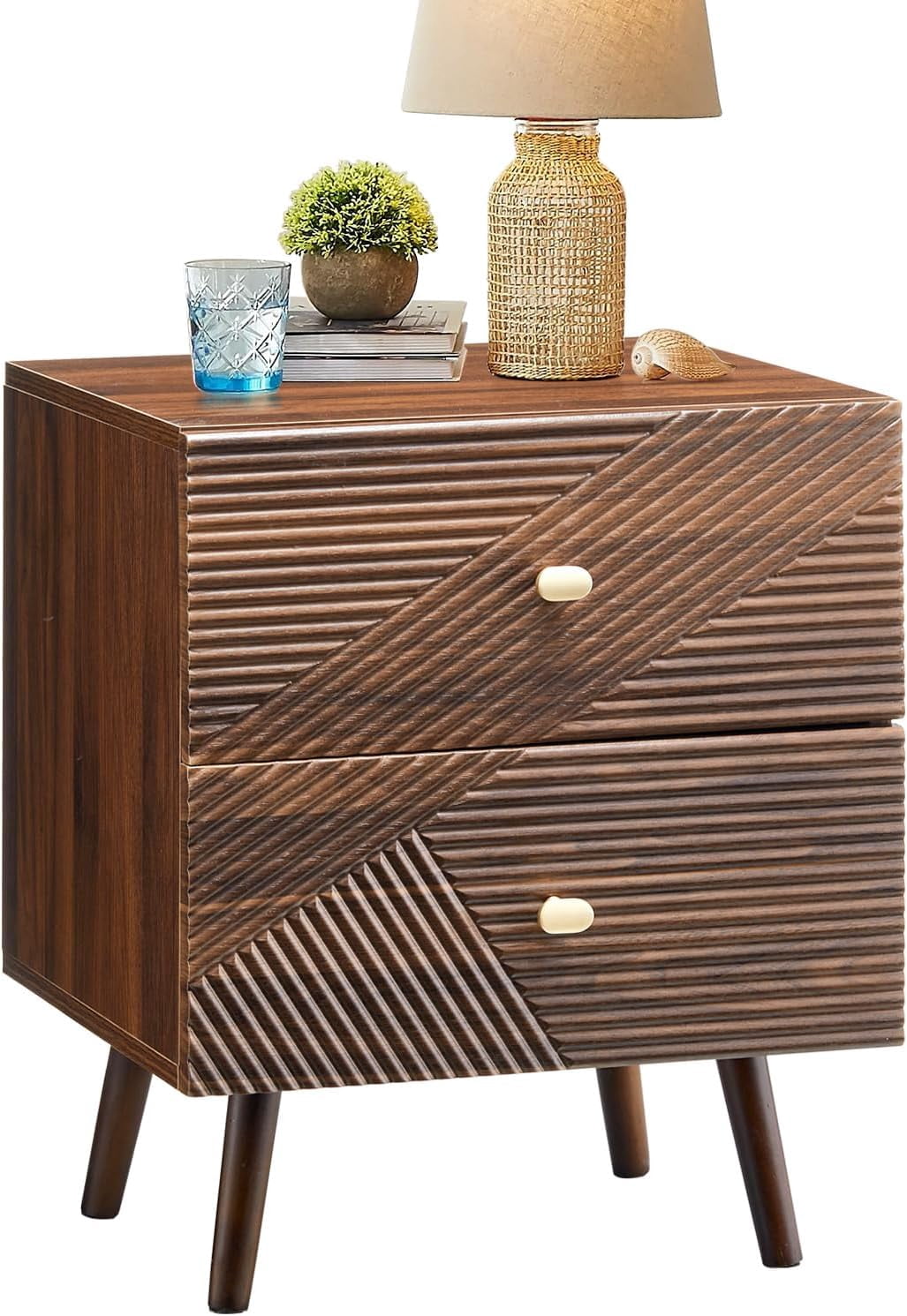 CLIPOP Walnut Nightstand - 21.6” Bedside Table with 2 Drawers, Angled ...