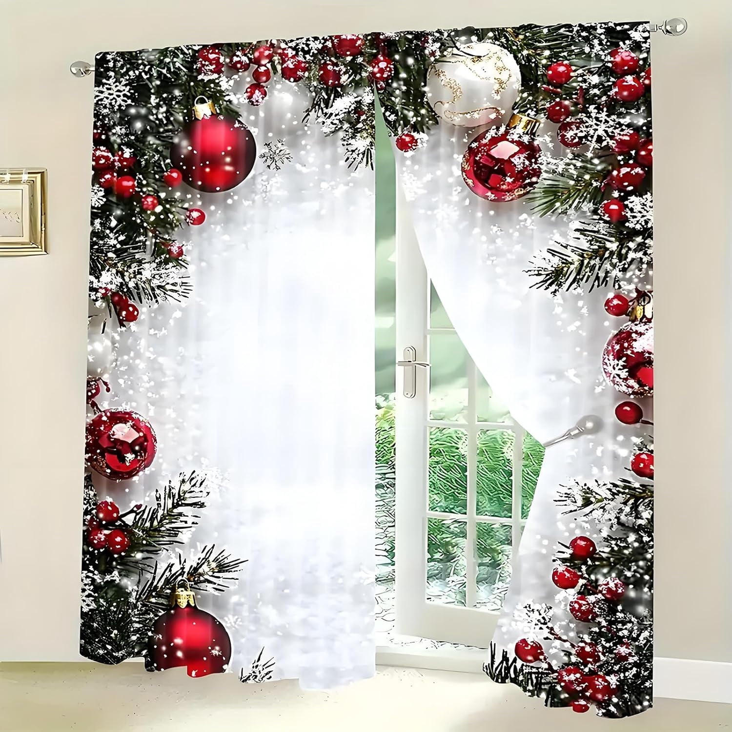 CLIQKWEN Red Luxury Christmas Ball Curtains – Snowflakes & Pine ...